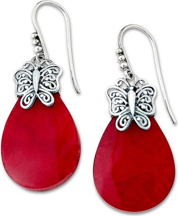 SAMUEL B. Sterling Silver Pear Cut Coral Butterfly Motif Earrings ...