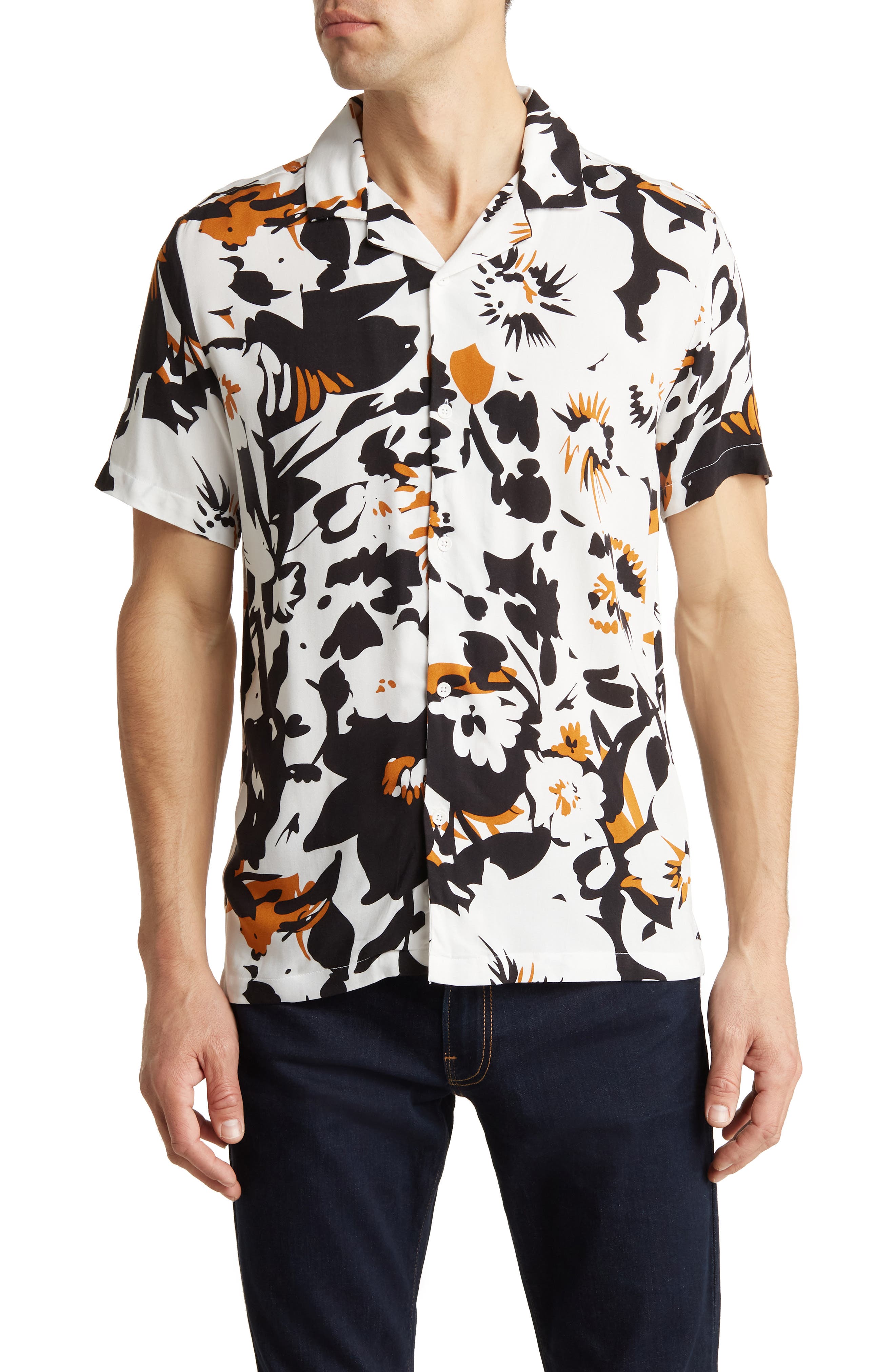 DENIM AND FLOWER Floral Jacquard Short Sleeve Button-Up Shirt ...