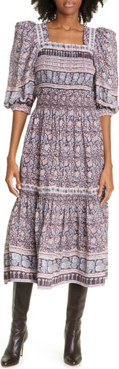 Sea Amaki Border Print Smocked Puff Sleeve Tiered Midi Dress | Nordstrom