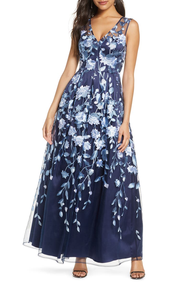 Eliza J Floral Embroidered A-Line Mesh Gown | Nordstromrack