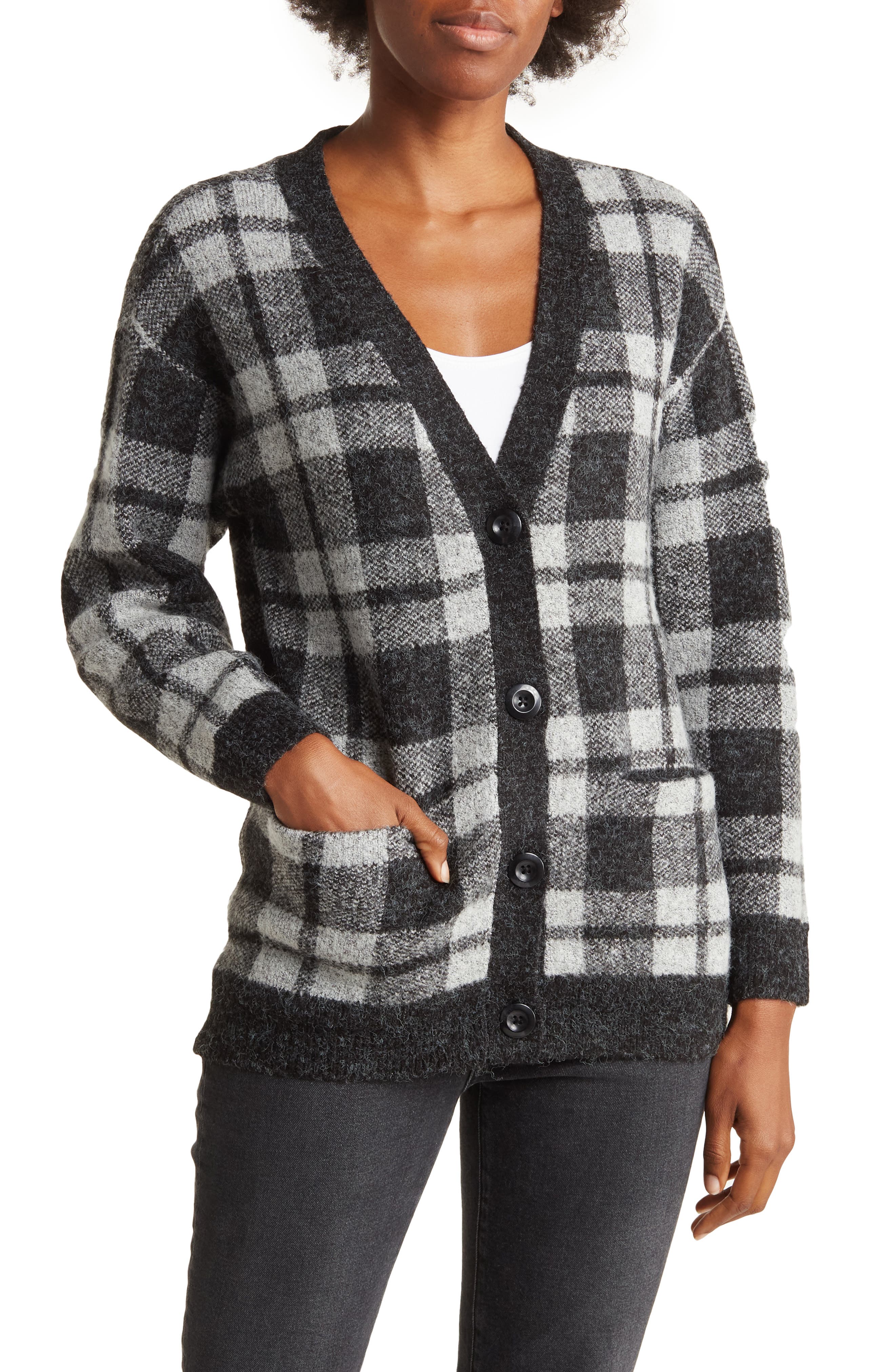 CYRUS Drop V Button Front Plaid Cardigan | Nordstromrack