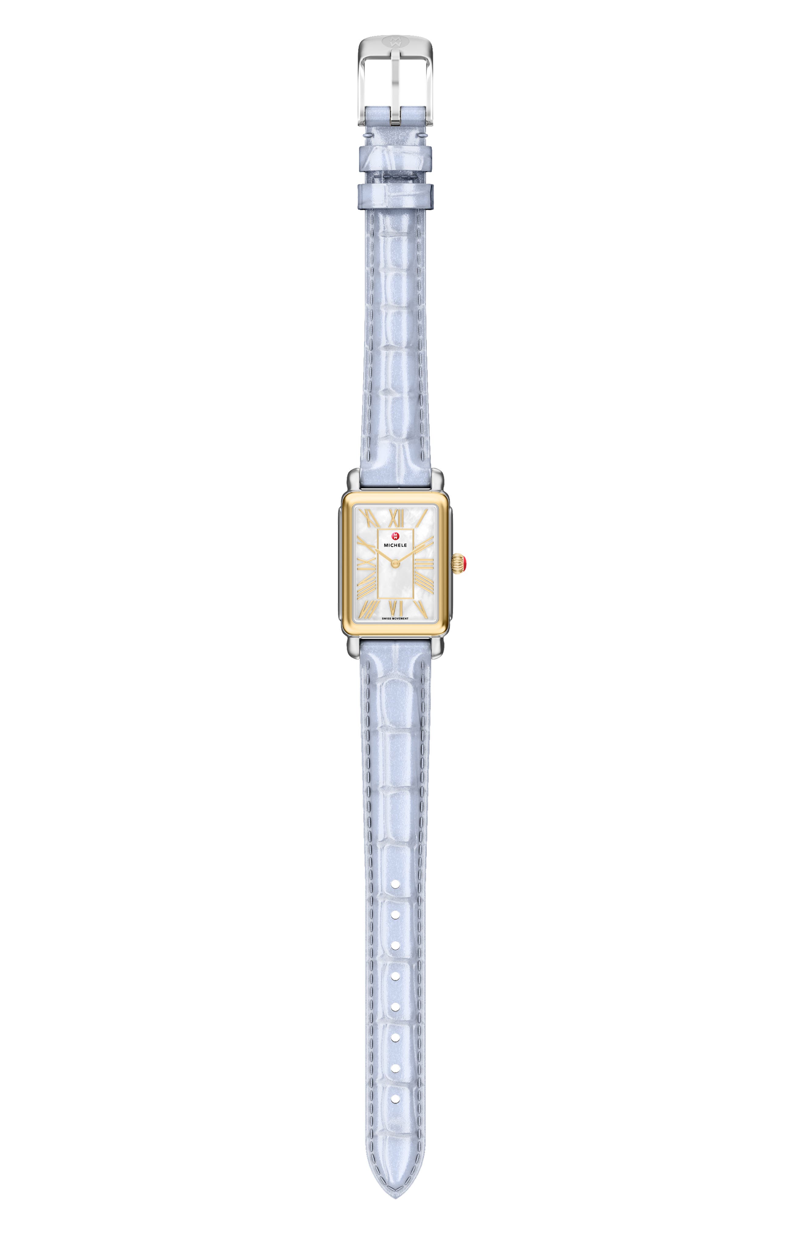 MICHELE Deco Park Two-Tone Mother-of-Pearl Tank Leather Strap Watch ...