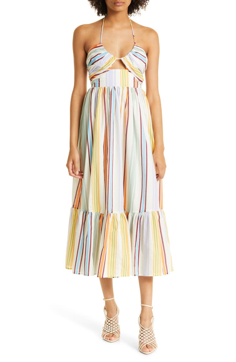 ALEMAIS Axum Stripe Organic Cotton Tiered Cutout Halter Dress ...
