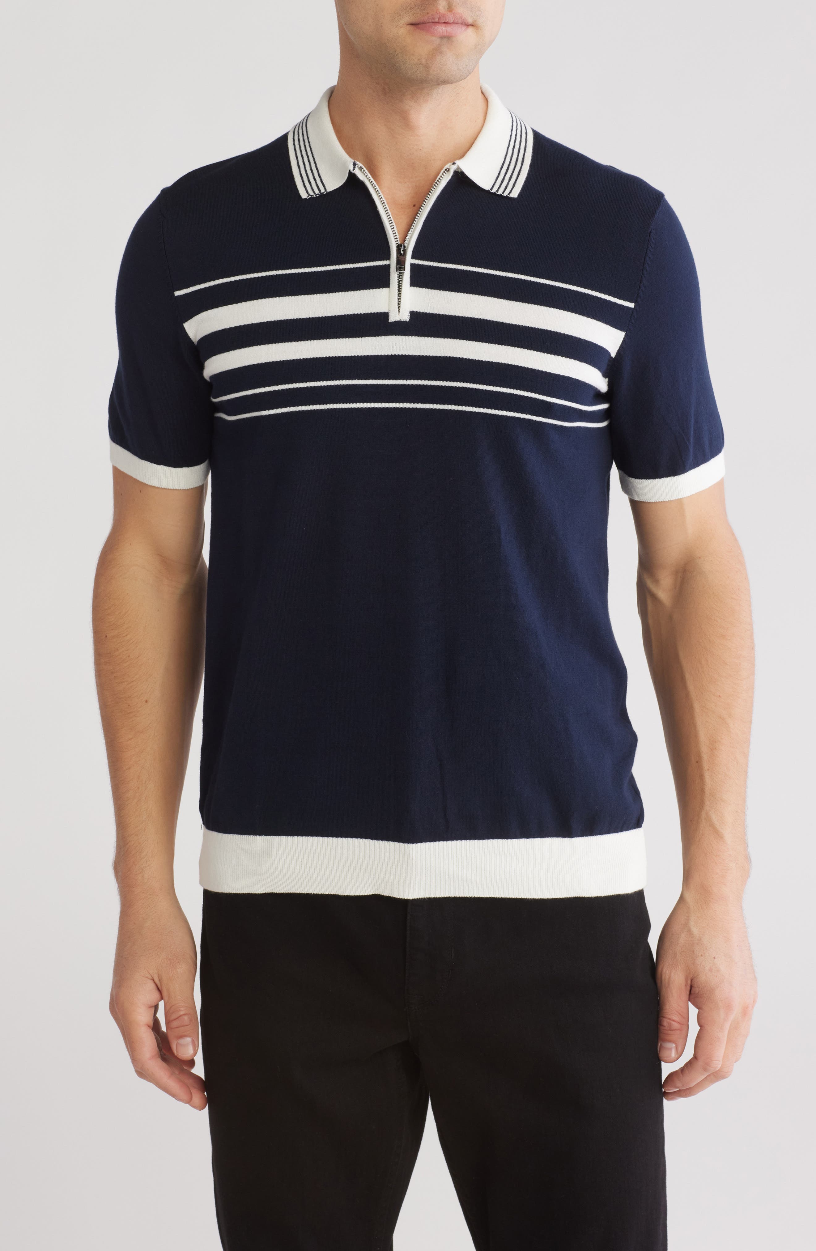 DENIM AND FLOWER Stripe Zip Polo | Nordstromrack