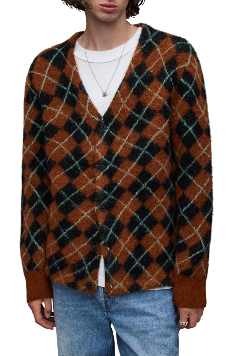 AllSaints Fitzroy Alpaca & Wool Blend Argyle Cardigan | Nordstromrack