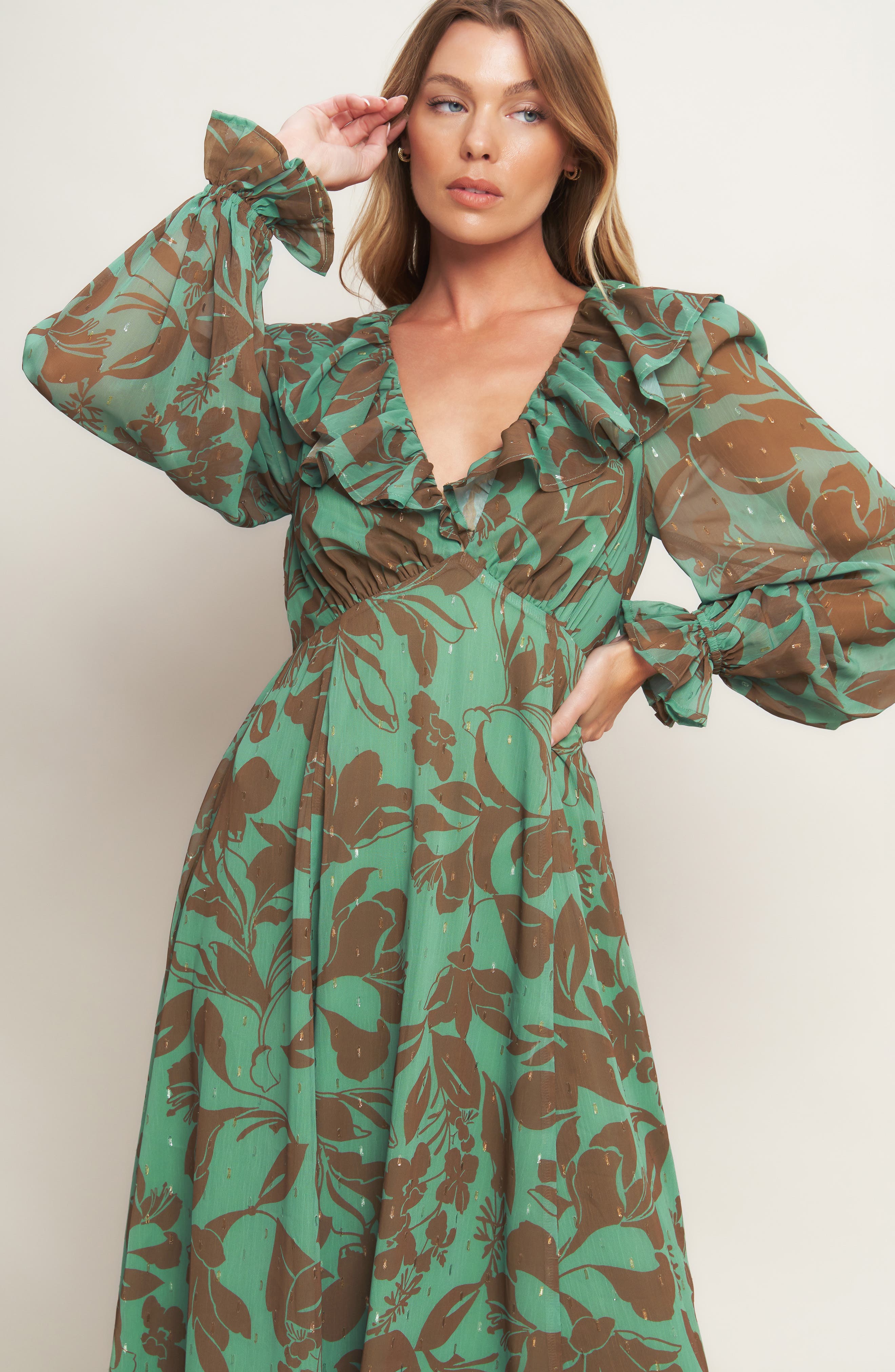 FLYING TOMATO Metallic Print Chiffon Maxi Dress | Nordstromrack