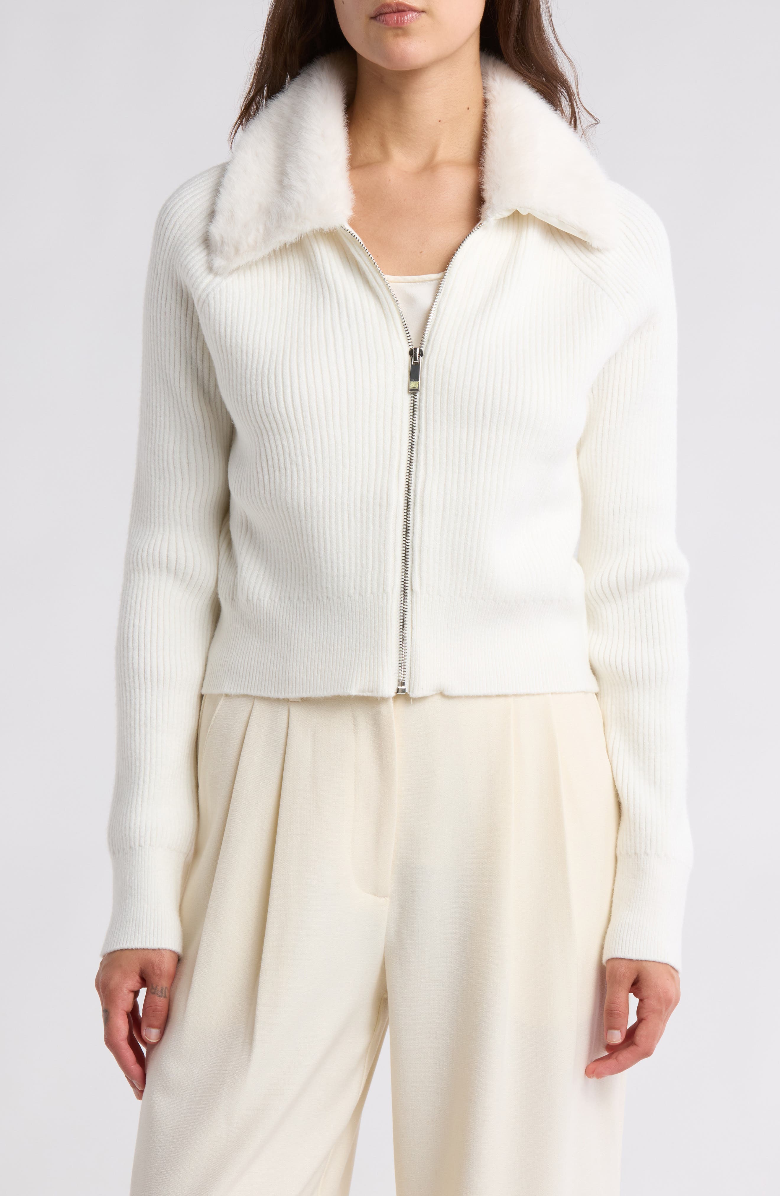 Laundry by Shelli Segal Faux Fur Collar Crop Zip Cardigan | Nordstromrack