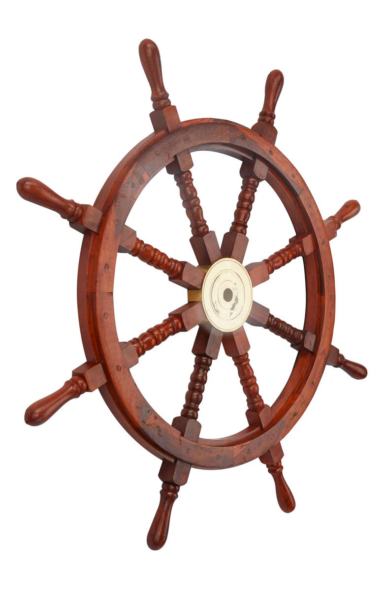 WILLOW ROW Red Wood Ship Wheel Sail Boat Wall Decor with Gold Hardware ...