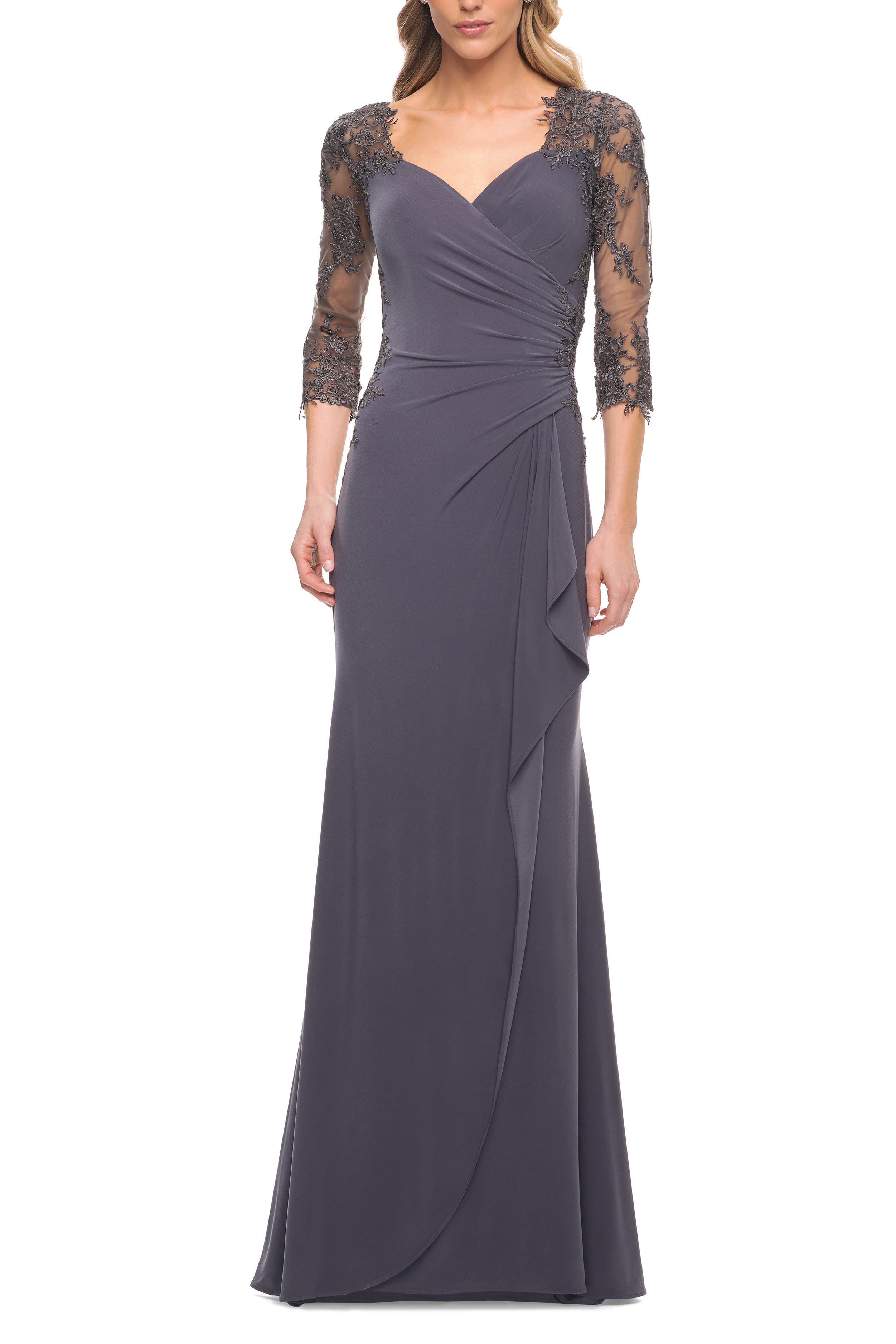La Femme Lace and Net Jersey Gown with Illusion Sleeves | Nordstrom
