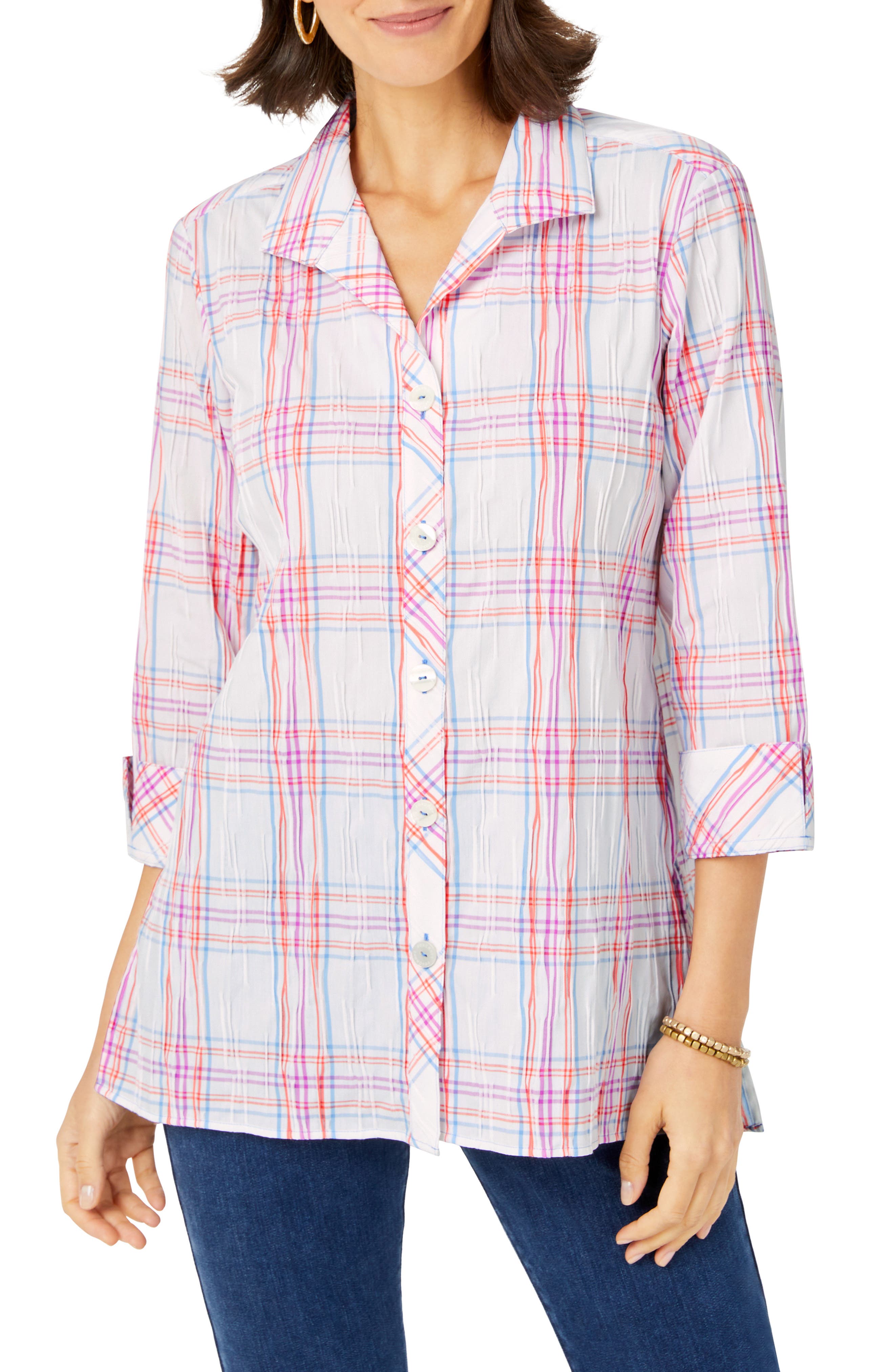 Foxcroft Rhett Crinkle Plaid Tunic Blouse | Nordstromrack