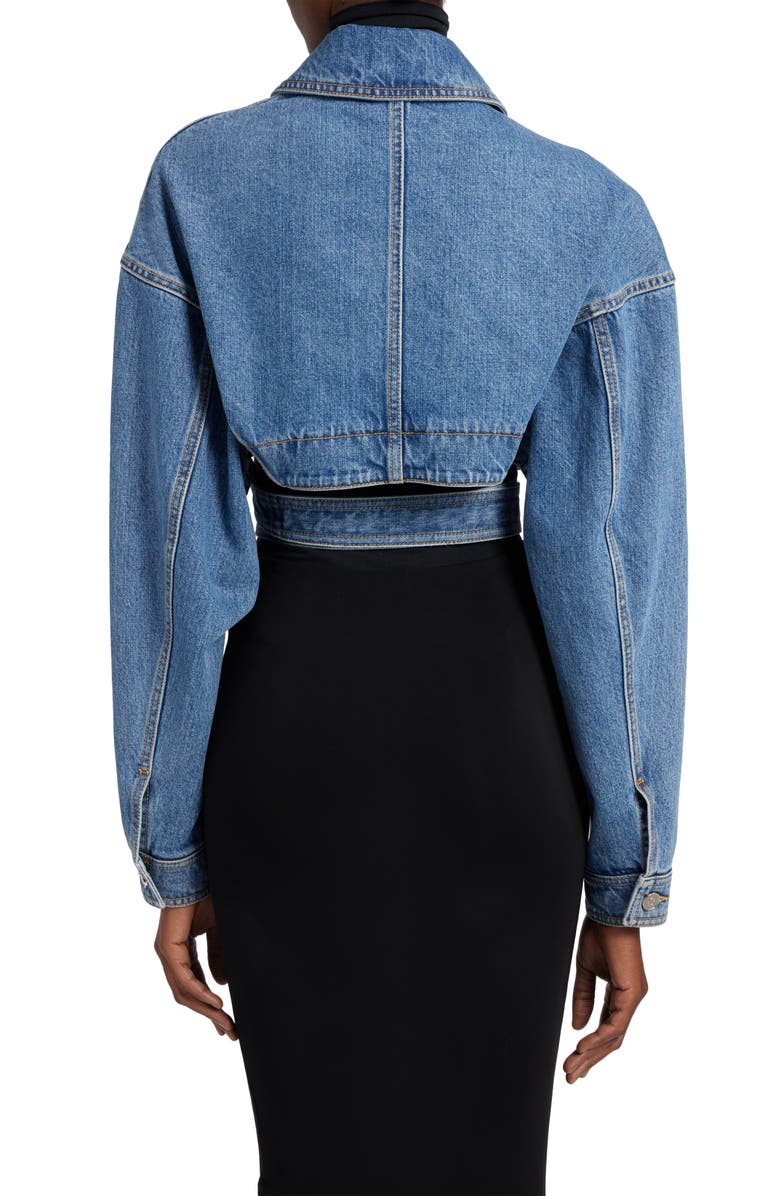 Alaïa Crossover Cutout Crop Denim Wrap Jacket | Nordstrom