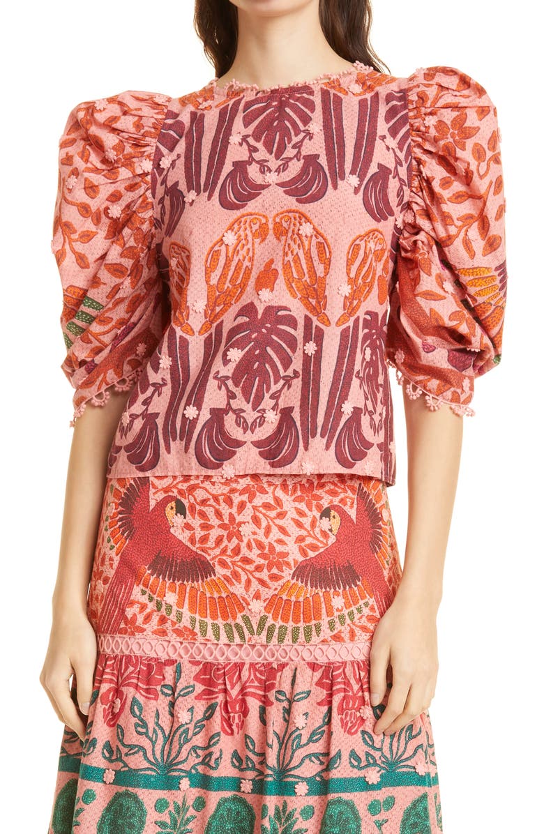 FARM Rio Ainika Macaws Puff Sleeve Cotton Blouse | Nordstromrack