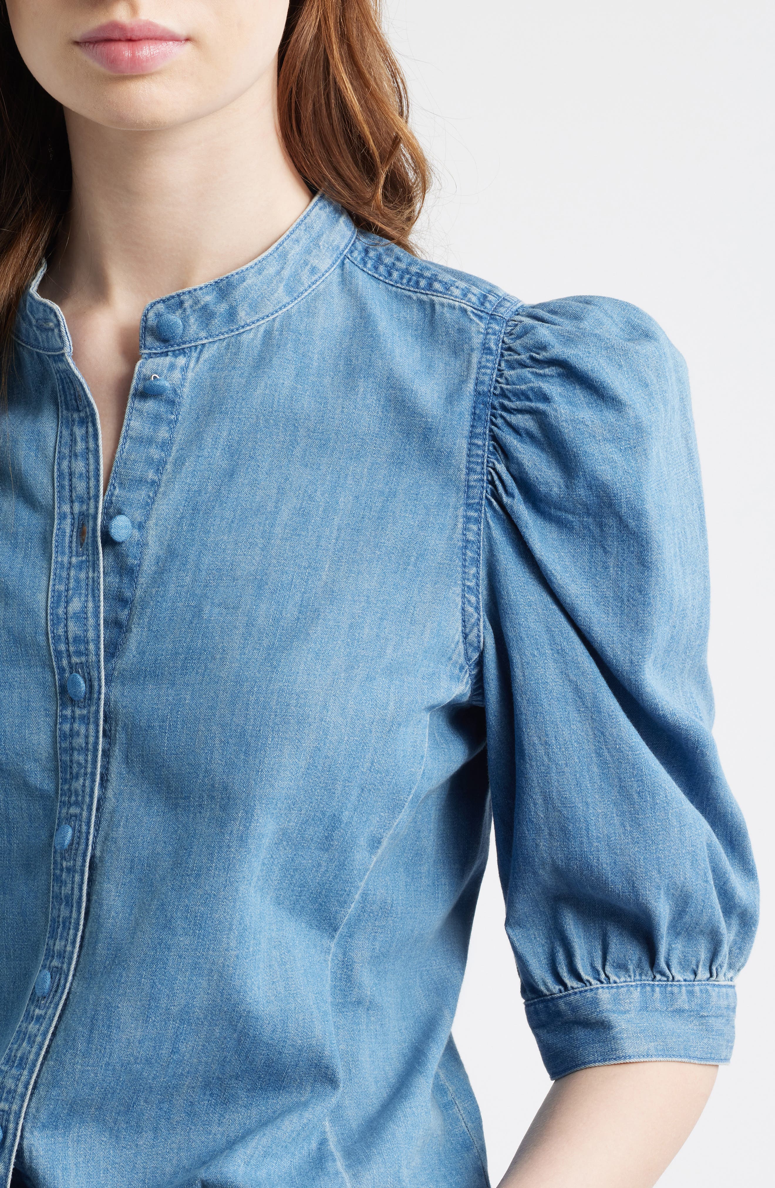 Madewell Band Collar Puff Sleeve Denim Button-Up Shirt | Nordstrom