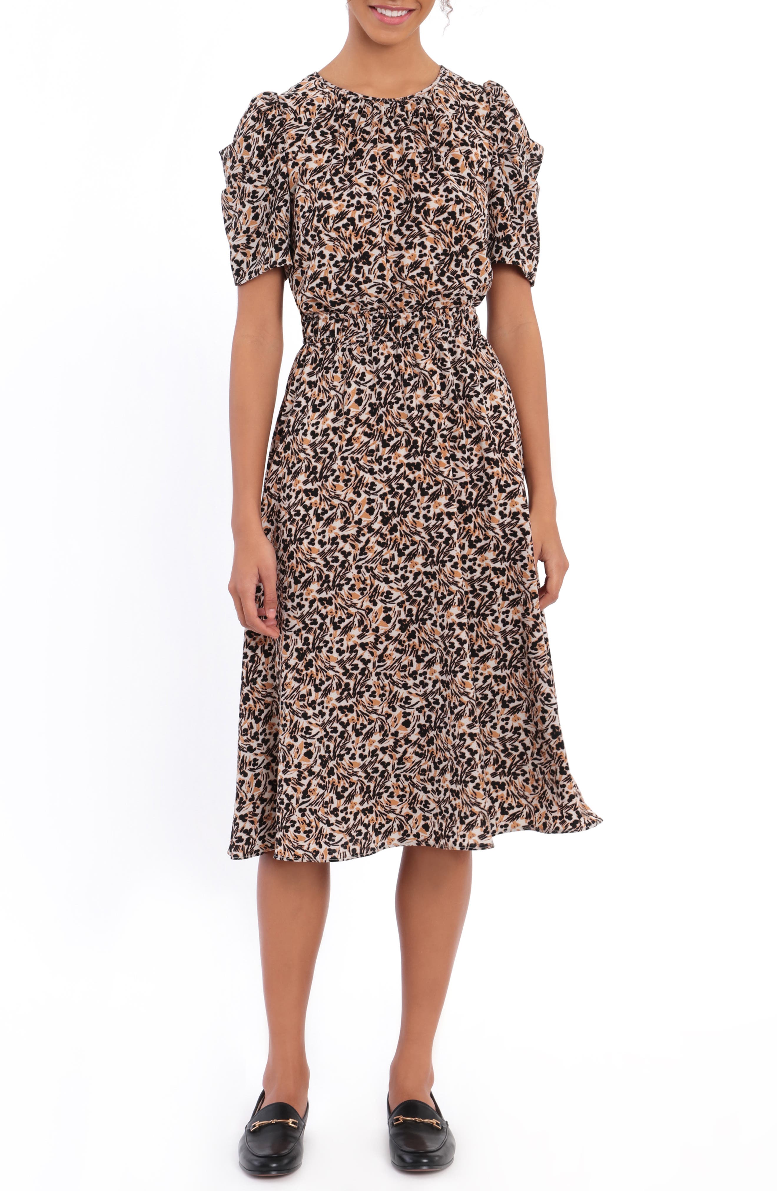 Maggy London Floral Ruched Sleeve A-Line Bubble Crepe Dress | Nordstrom