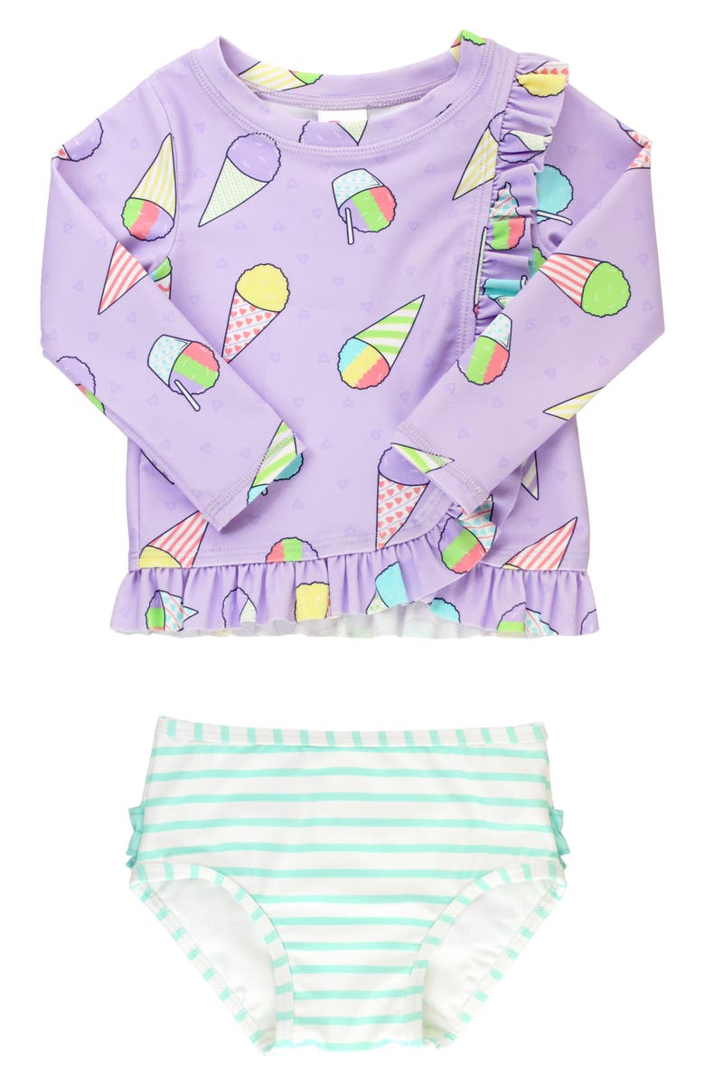 RuffleButts Snow Cones Ruffled Long Sleeve Two-Piece Rashguard Swimsuit ...