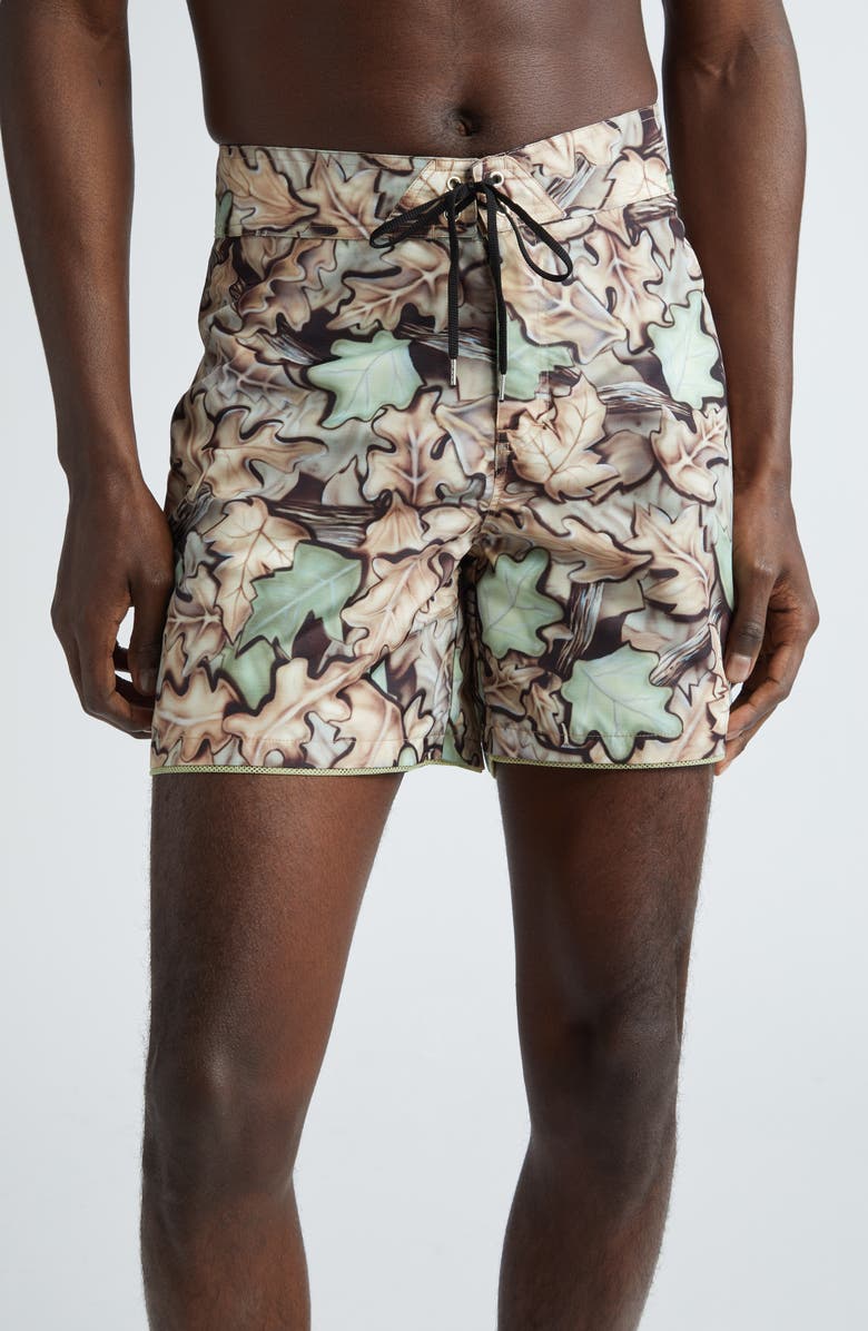 STOCKHOLM SURFBOARD CLUB Bernie Airbrush Leaf Print Ripstop Swim Trunks ...