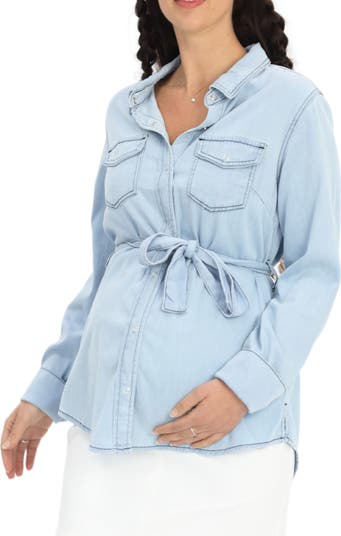 Angel Maternity Tie Waist Denim Maternity Blouse | Nordstrom