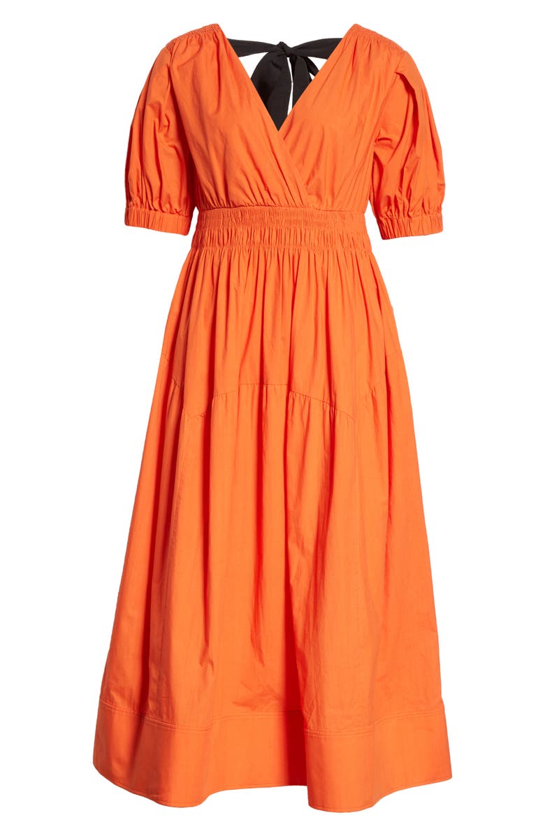 Self-Portrait Puff Sleeve Tie Back Cotton Midi Dress | Nordstrom