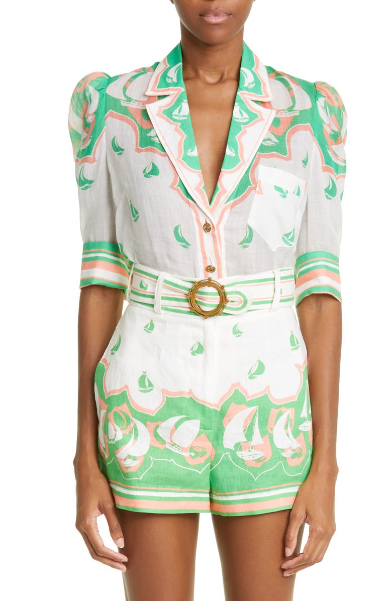 Zimmermann High Tide Sailboat Print Ramie Button-Up Shirt | Nordstromrack