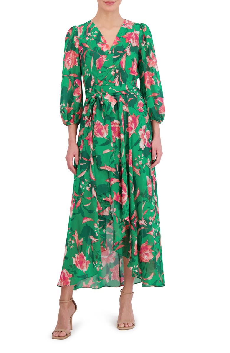 Eliza J Floral Balloon Sleeve Faux Wrap Midi Dress | Nordstromrack