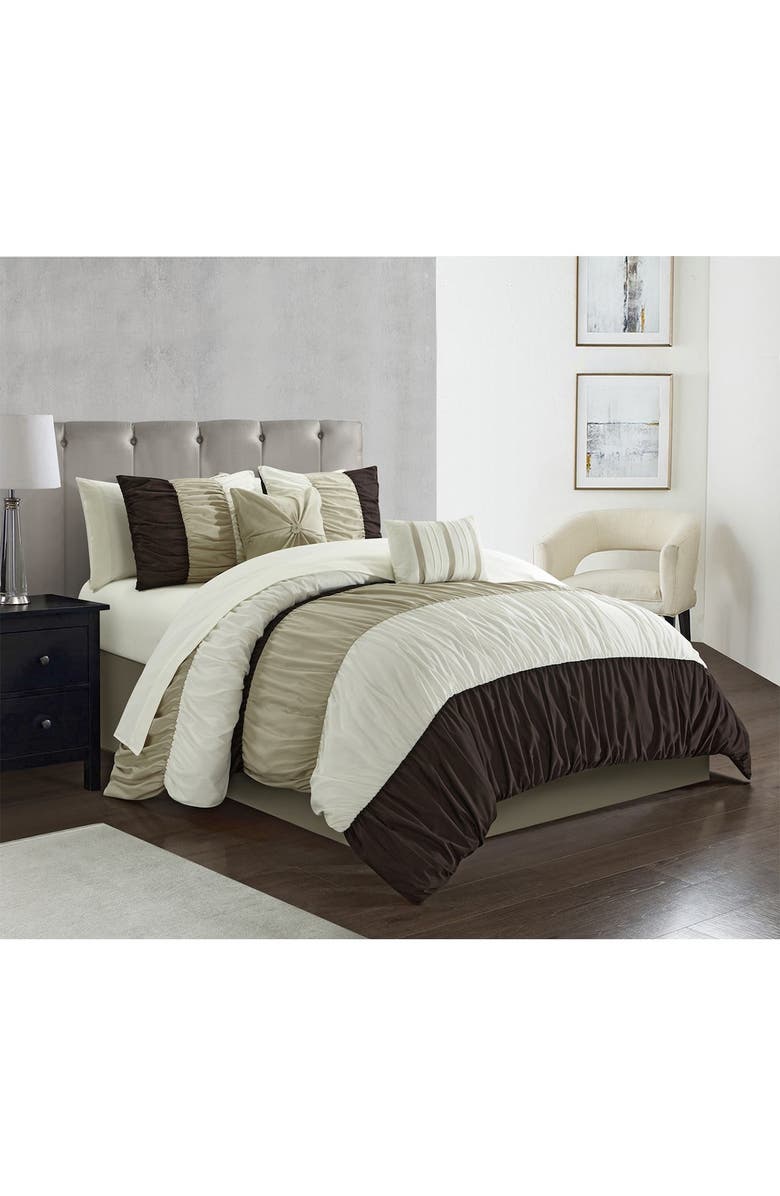 CHIC Jaye Ruched Color Block Design King Comforter Set - Brown - 9 ...