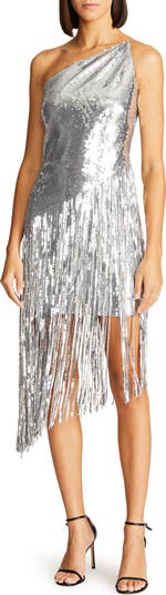 HALSTON Tonya Sequin Fringe One-Shoulder Cocktail Dress | Nordstrom