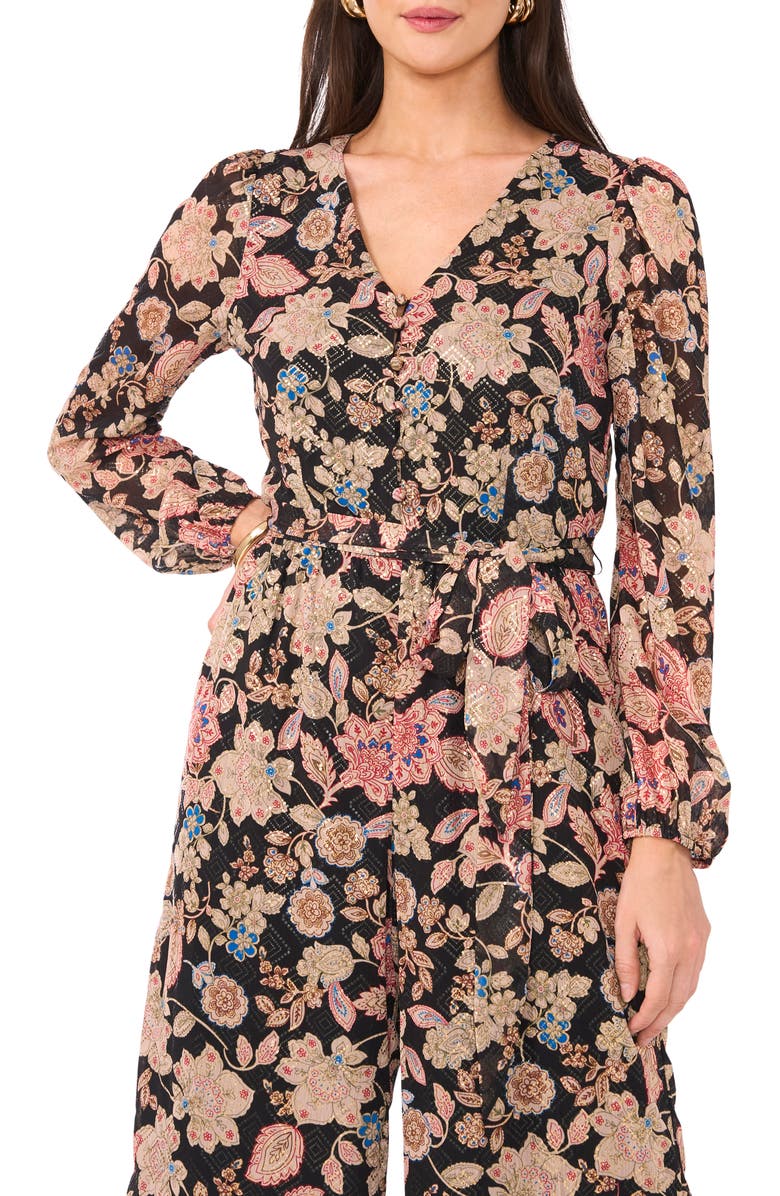 Vince Camuto Mixed Metallic Print Floral Long Sleeve Jumpsuit ...