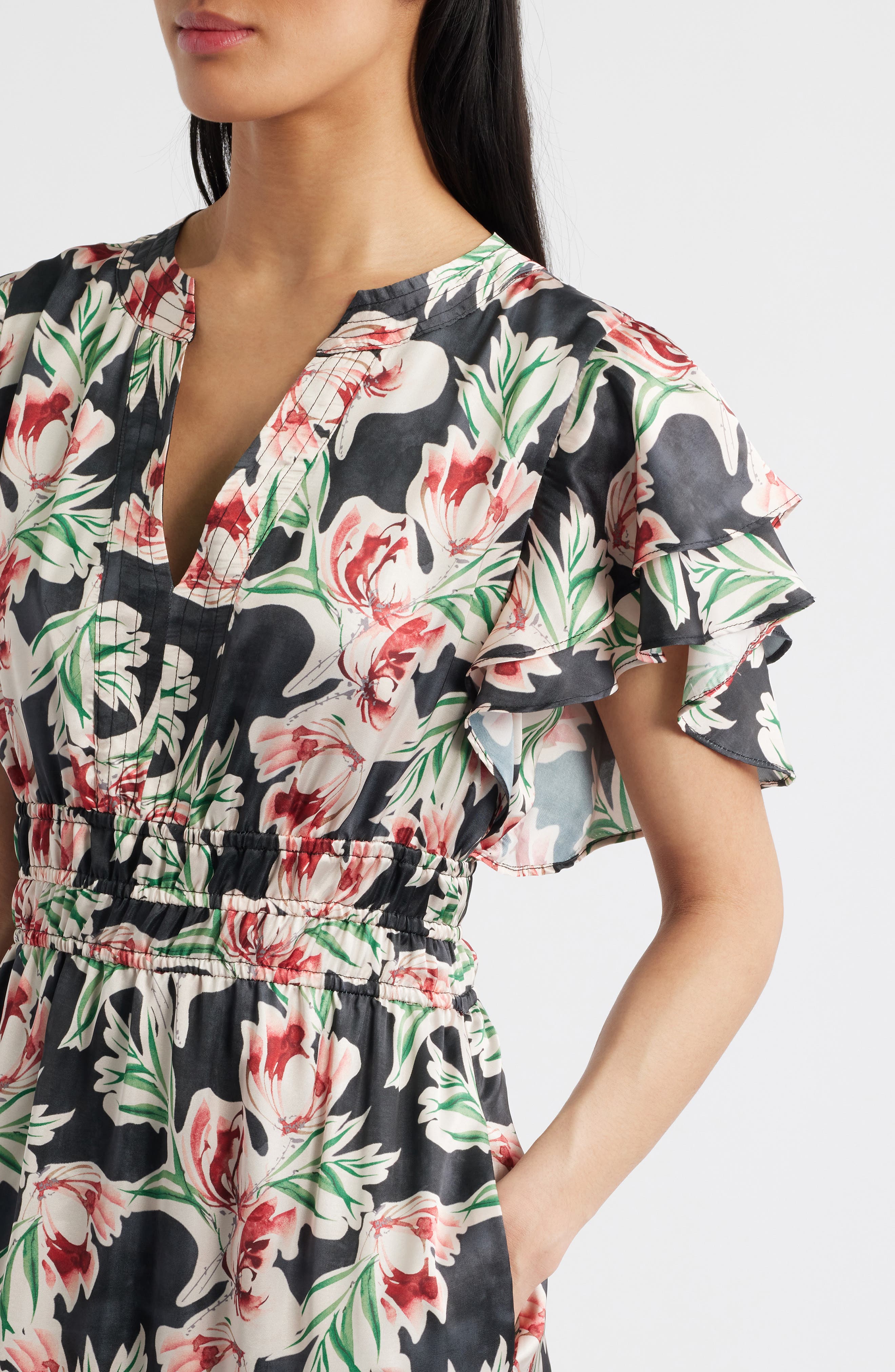 Julia Jordan Floral Tiered Split Neck Ruffle Sleeve Satin Dress ...