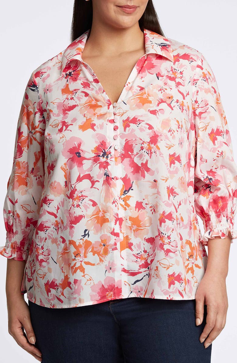 Foxcroft Alexis Floral Smocked Sleeve Cotton Popover Top | Nordstrom