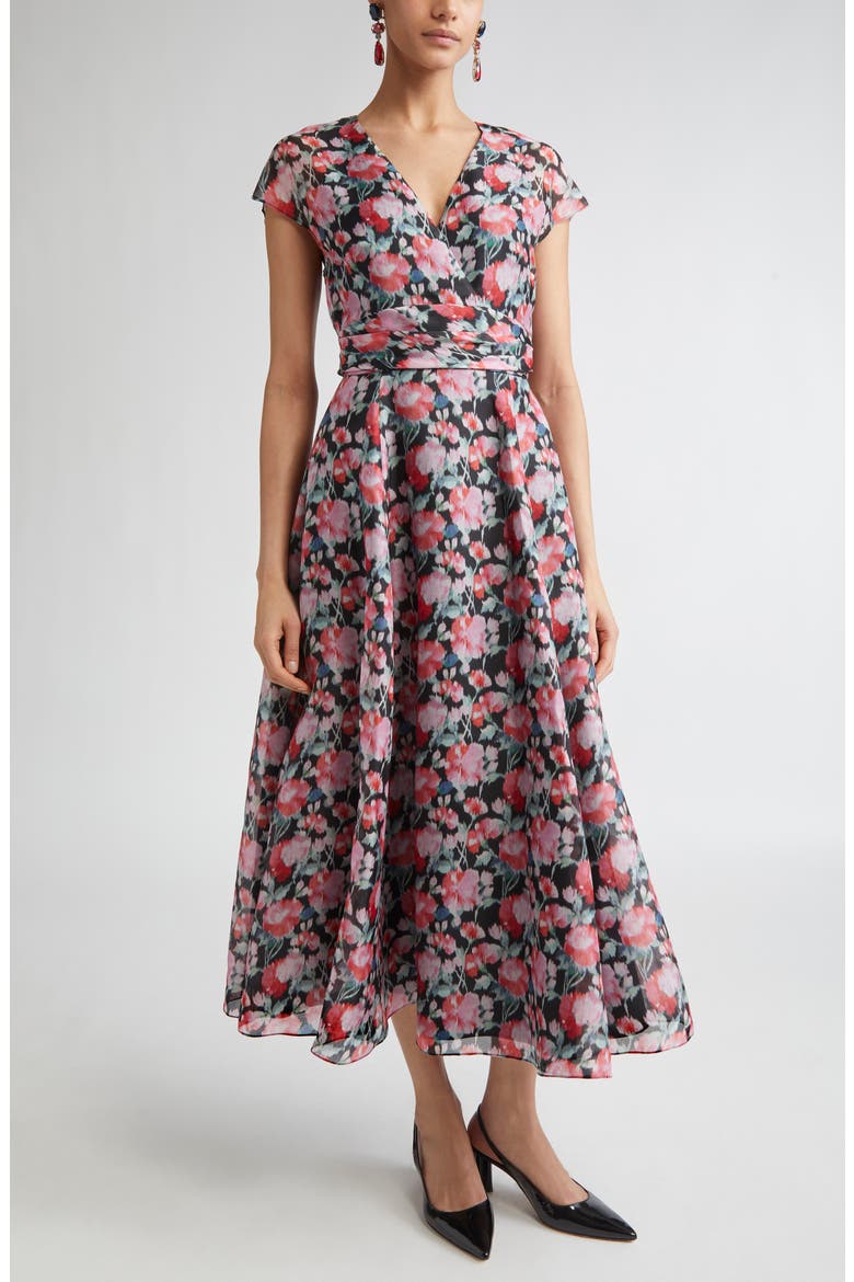 Peony Print Cap Sleeve Silk Organza Midi Dress (Women) | Nordstromrack