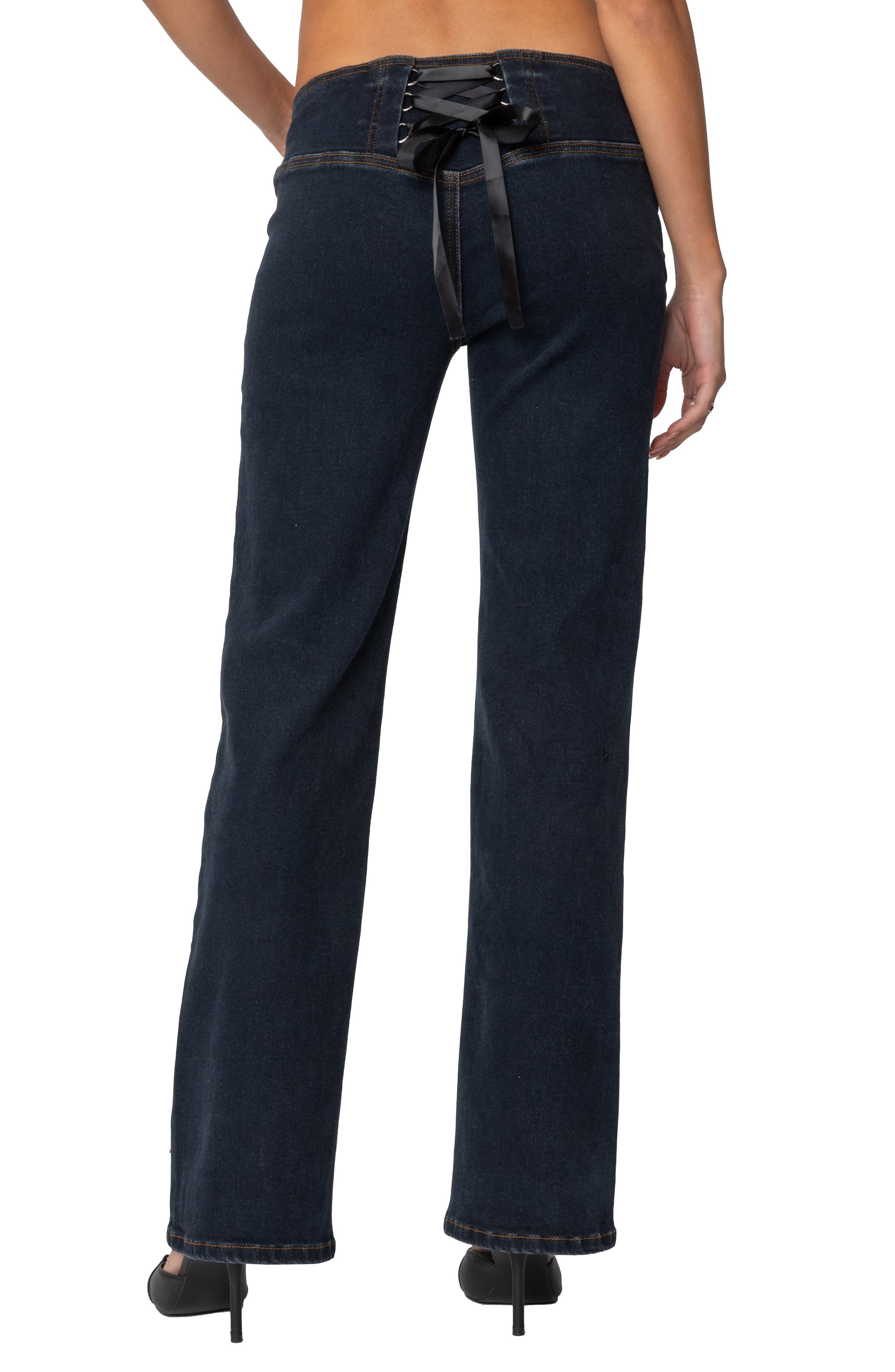 Ribbon Lace-Up Low Rise Straight Leg Jeans (Women) | Nordstrom