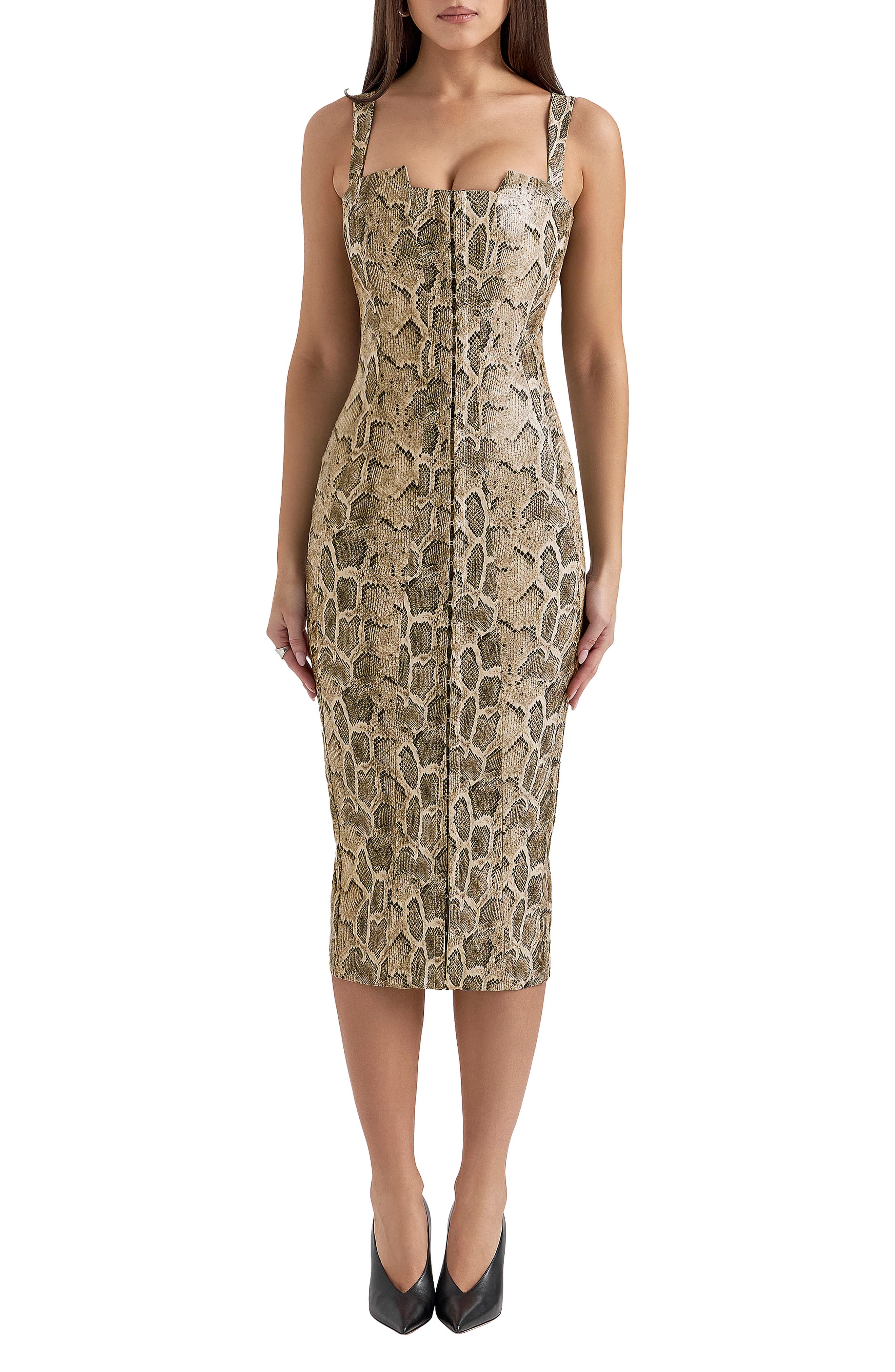 House Of Cb Gracie Panelled Faux Leather Midi Cocktail Dress In Beige ...