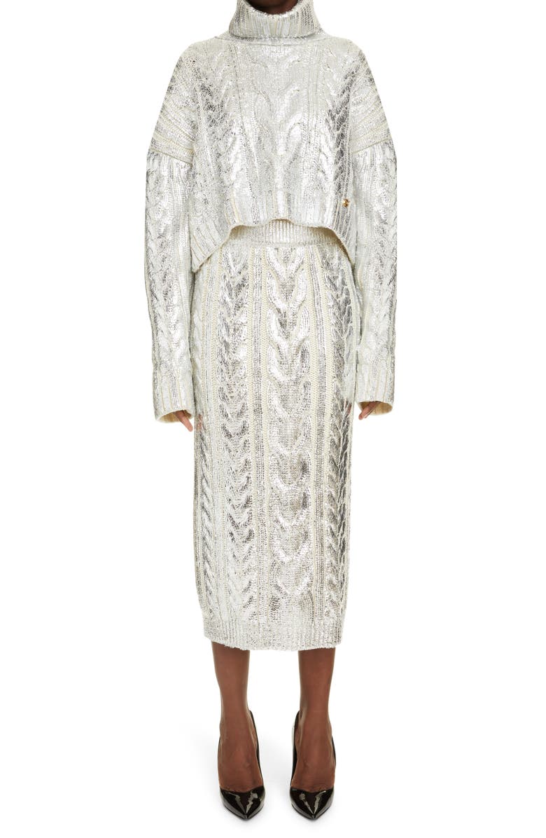 Balmain Metallic Cable Knit Virgin Wool Blend Midi Skirt | Nordstrom