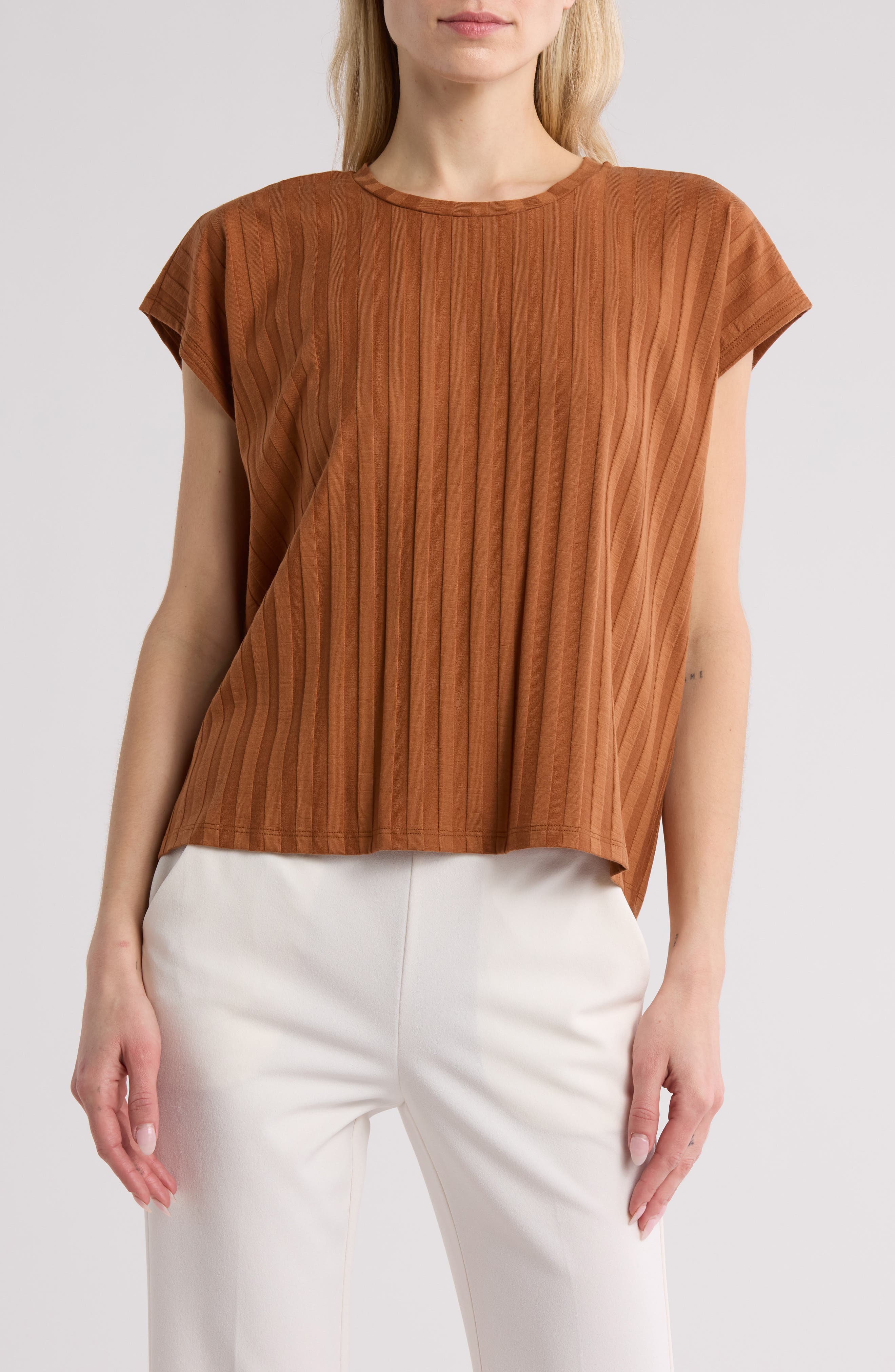 Eileen Fisher Crewneck Cap Sleeve Boxy Ribbed Top | Nordstromrack