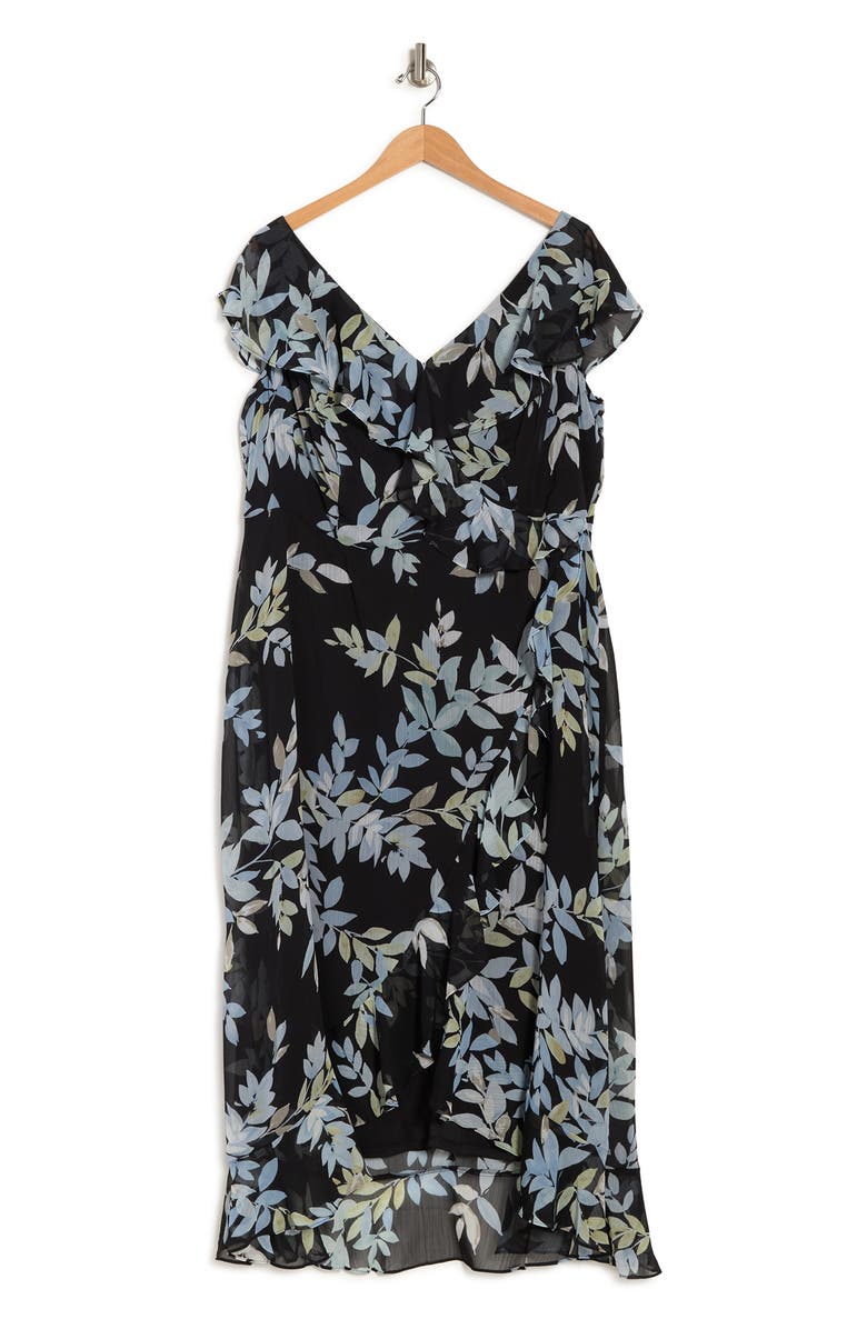 London Times Floating Leaves Short Sleeve Ruffle Hem Maxi Dress ...