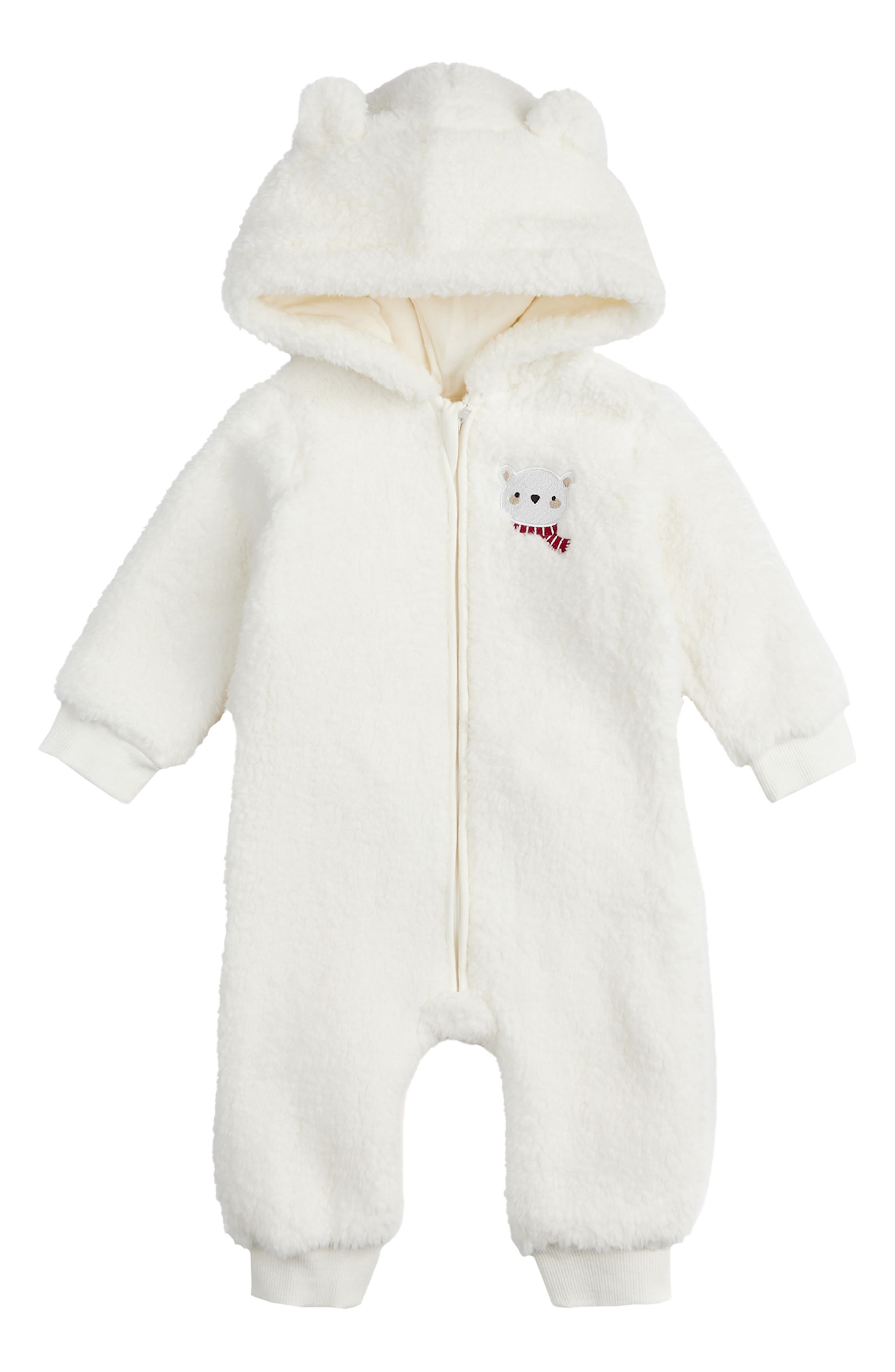 FIRSTS by Petit Lem Polar Bear Appliqué High Pile Fleece Hooded Romper ...