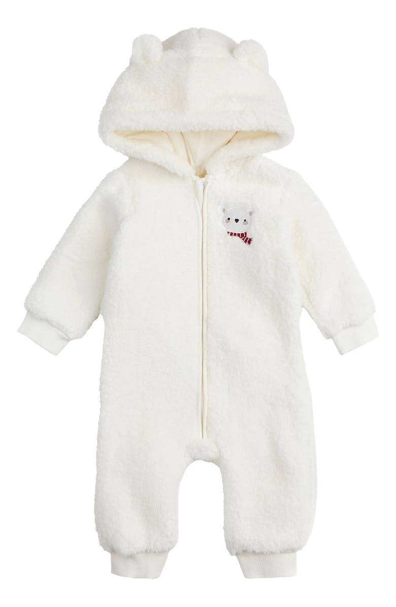 FIRSTS by Petit Lem Polar Bear Appliqué High Pile Fleece Hooded Romper ...