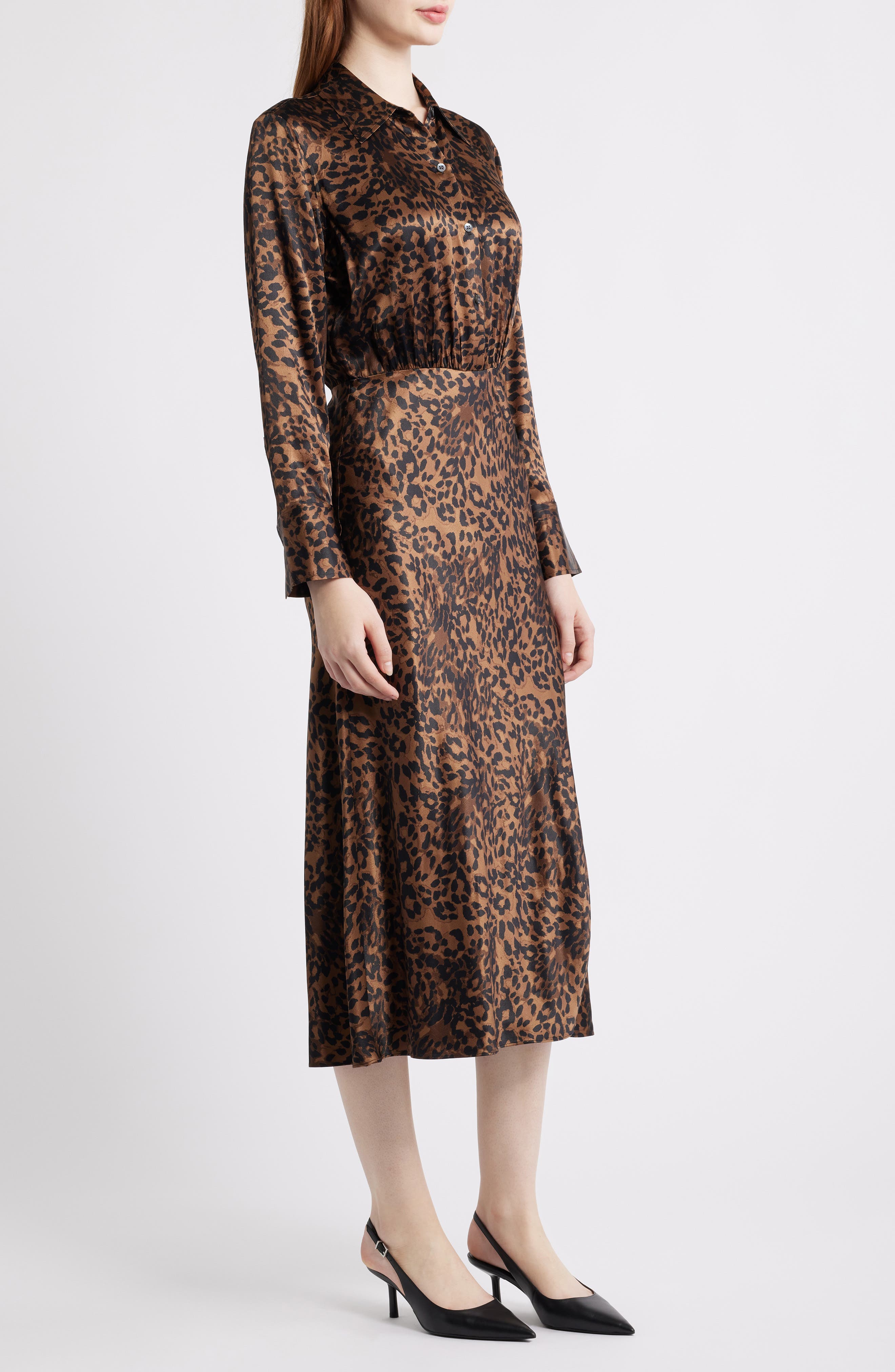Rails Jazlyn Leopard Long Sleeve Satin Midi Shirtdress | Nordstromrack