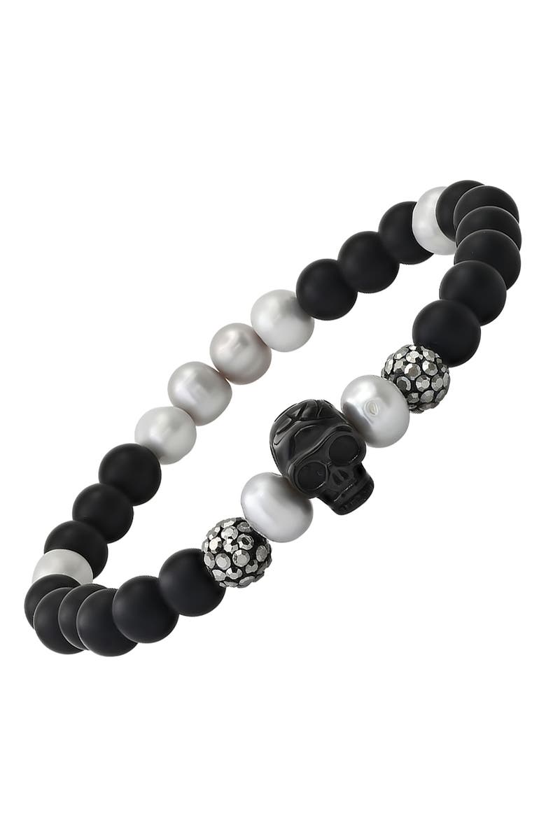 HMY JEWELRY Black Lava Stone & Freshwater Pearl Skull Bracelet ...