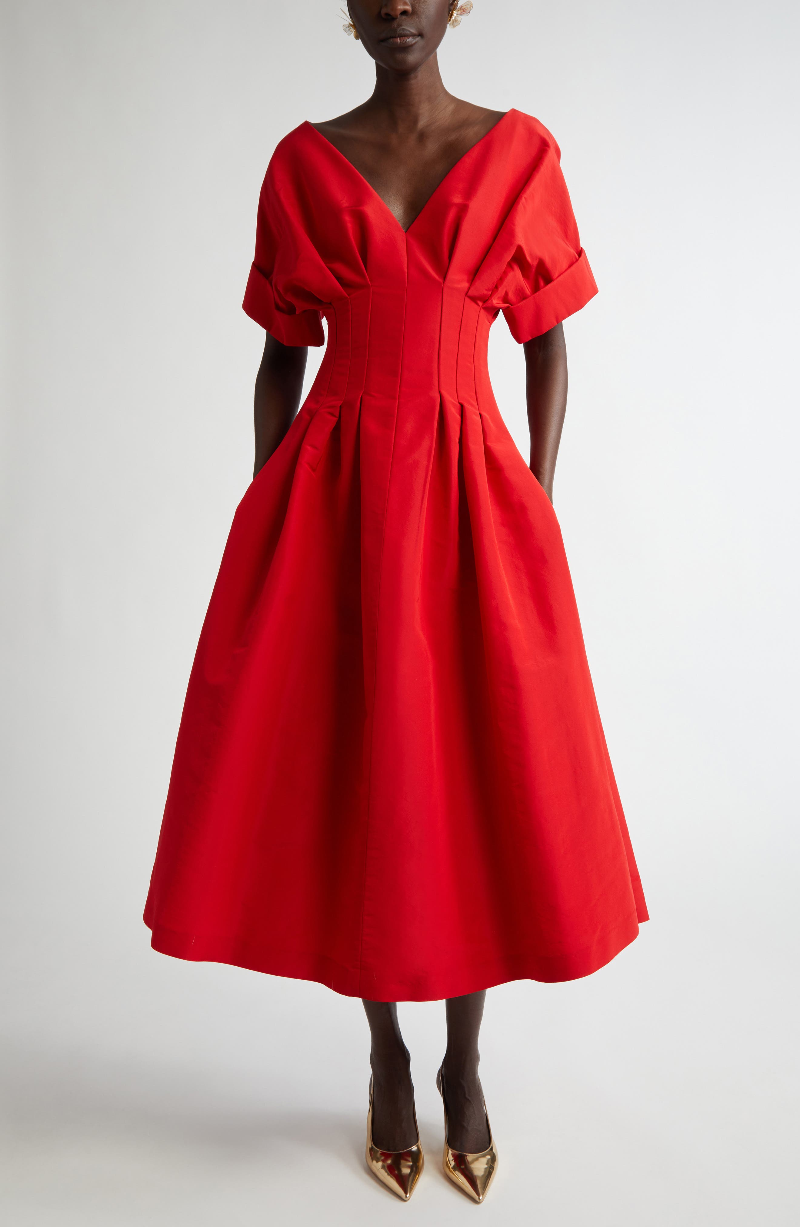 Carolina Herrera Gathered Waist Silk Faille Midi Dress | Nordstrom