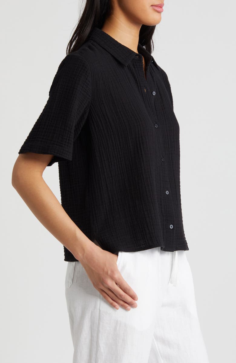 Eileen Fisher Classic Short Sleeve Organic Cotton Gauze Button-Up Shirt ...