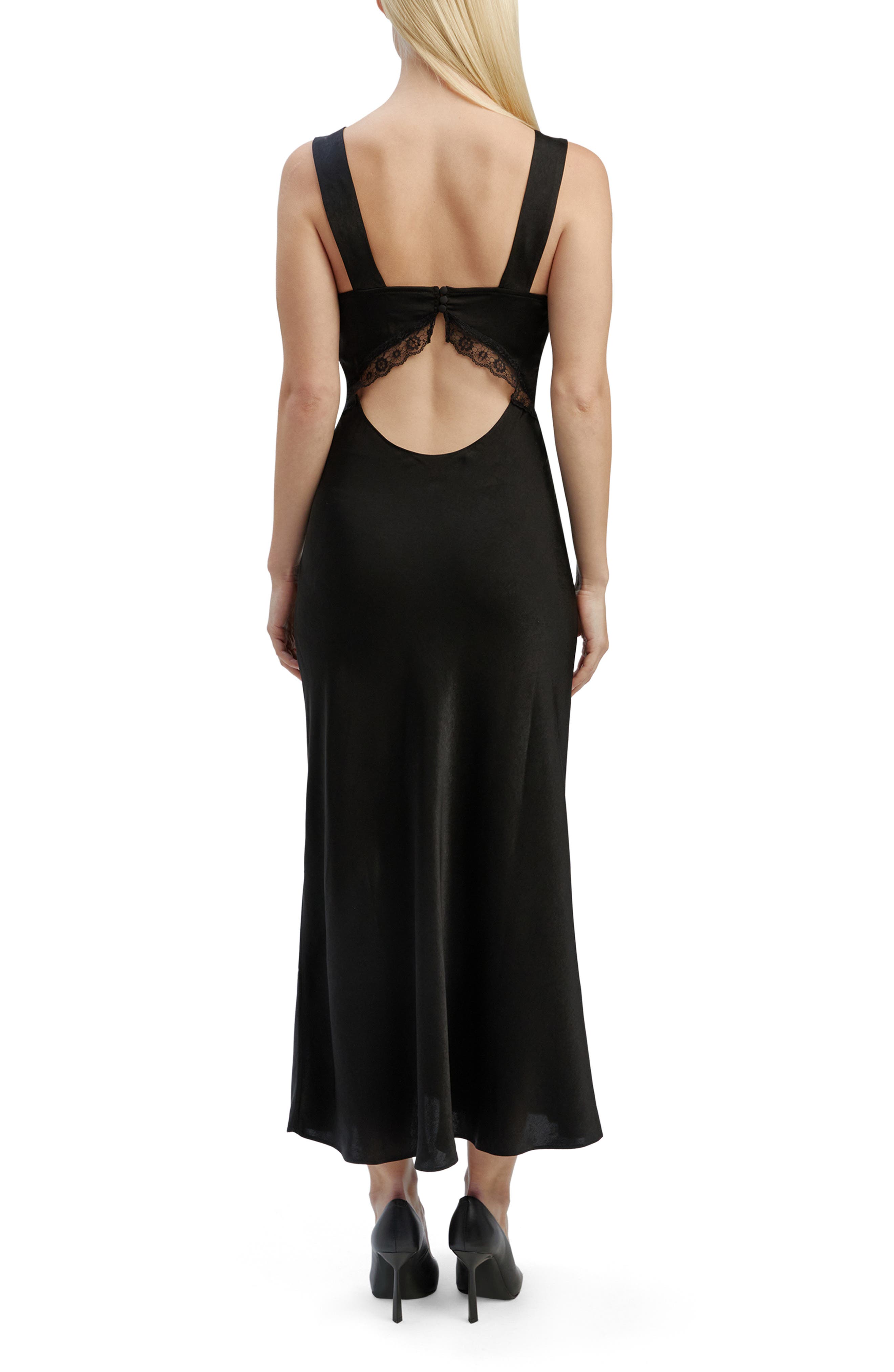 Bardot Emory Lace Trim Cutout Satin Midi Slipdress | Nordstrom