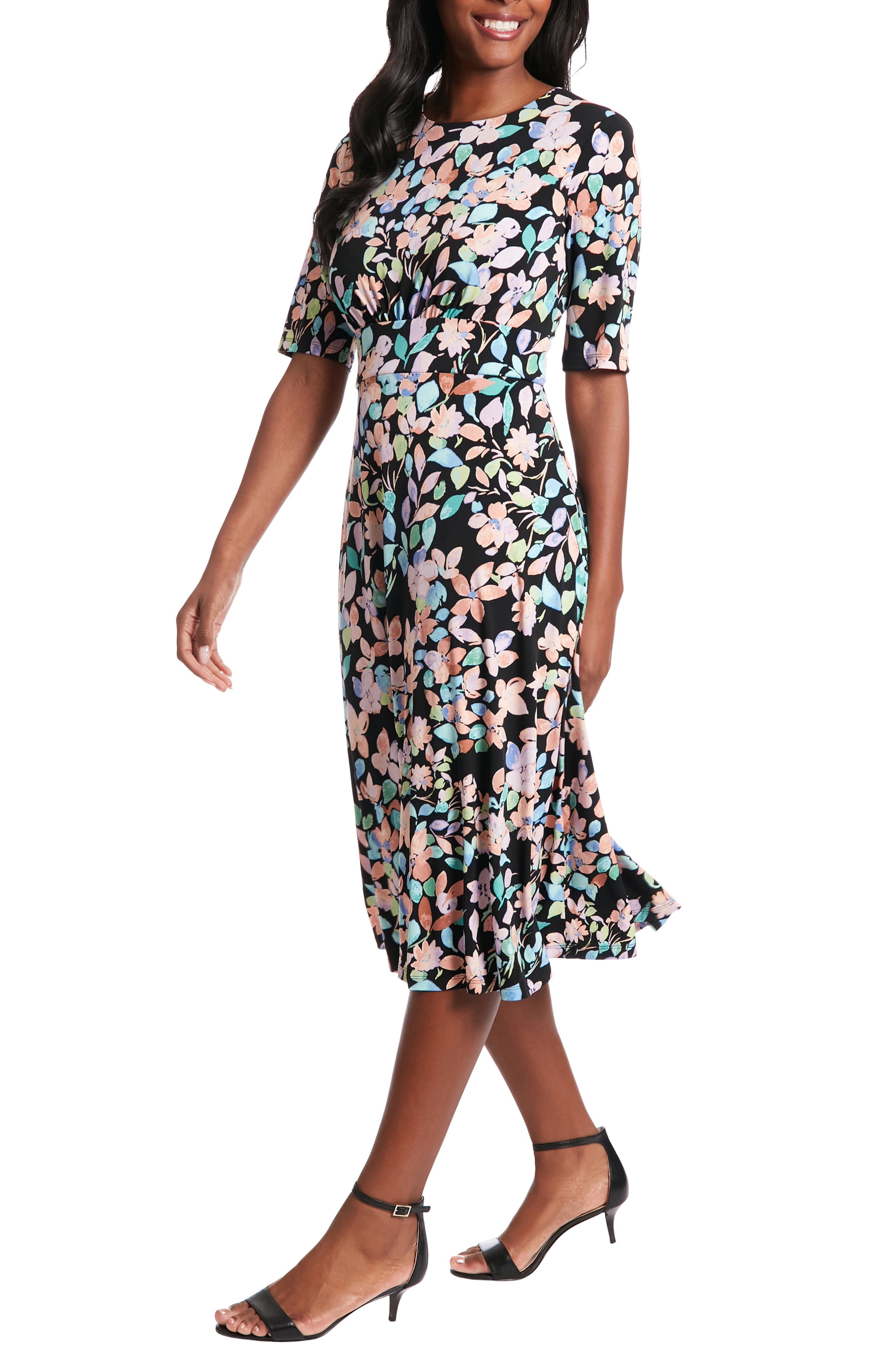 London Times Floral Inset Waist Fit & Flare Midi Dress | Nordstromrack