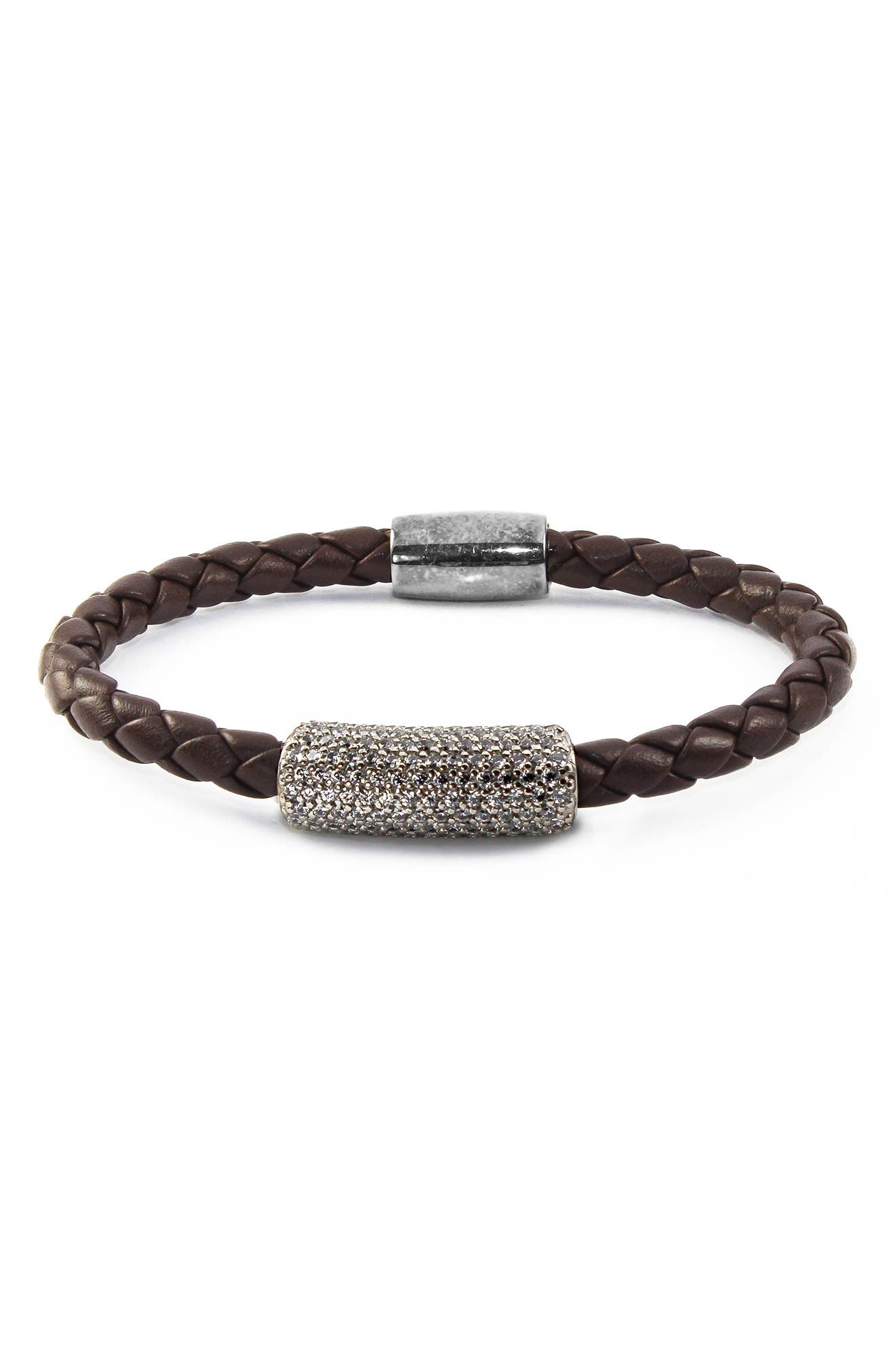 Liza Schwartz Sterling Silver Pave CZ Bar Braided Leather Bracelet ...