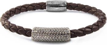 Liza Schwartz Sterling Silver Pave CZ Bar Braided Leather Bracelet ...