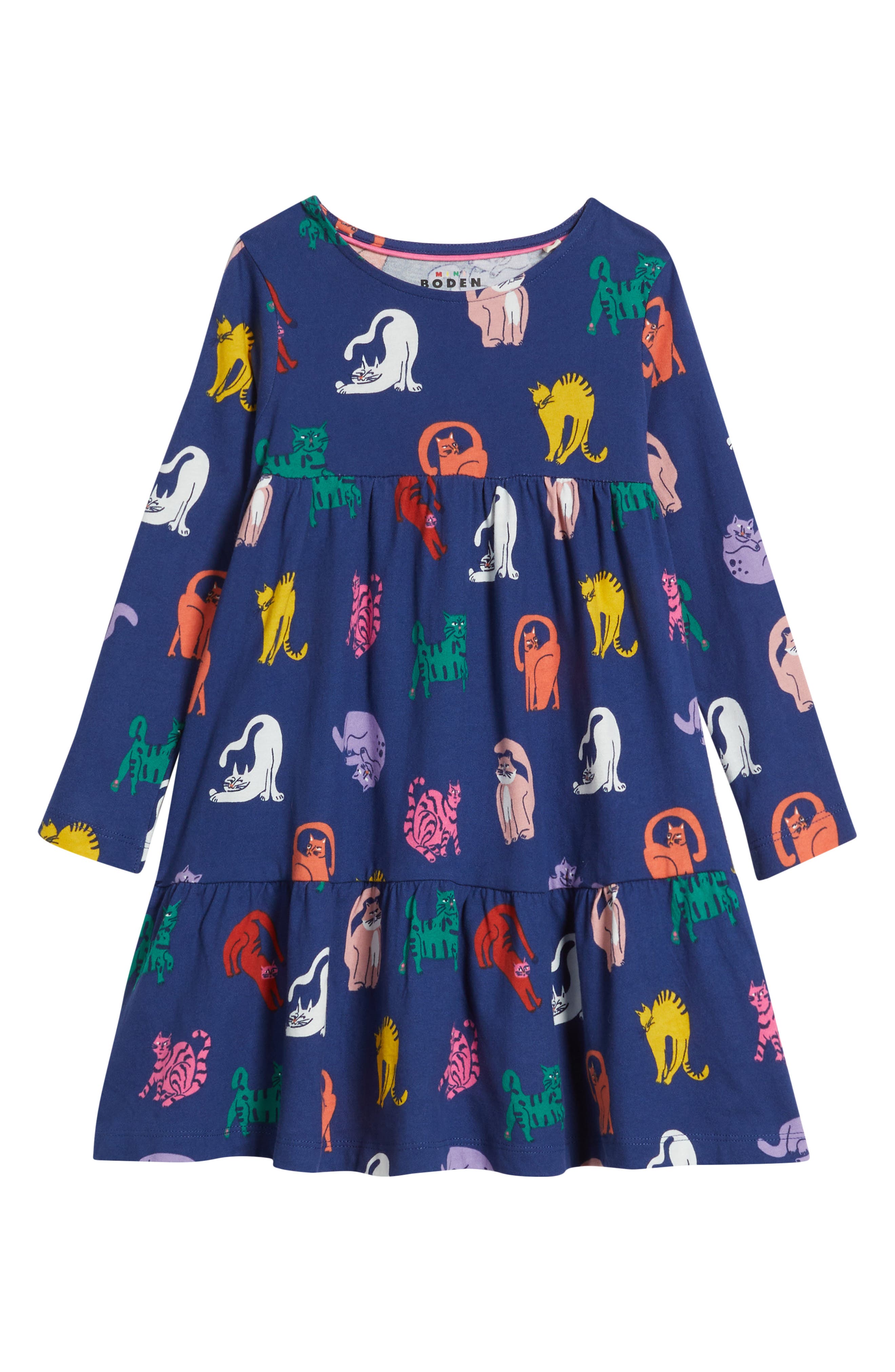 Mini Boden Kids' Ariel Twirly Cat Print Long Sleeve Cotton Jersey Dress ...