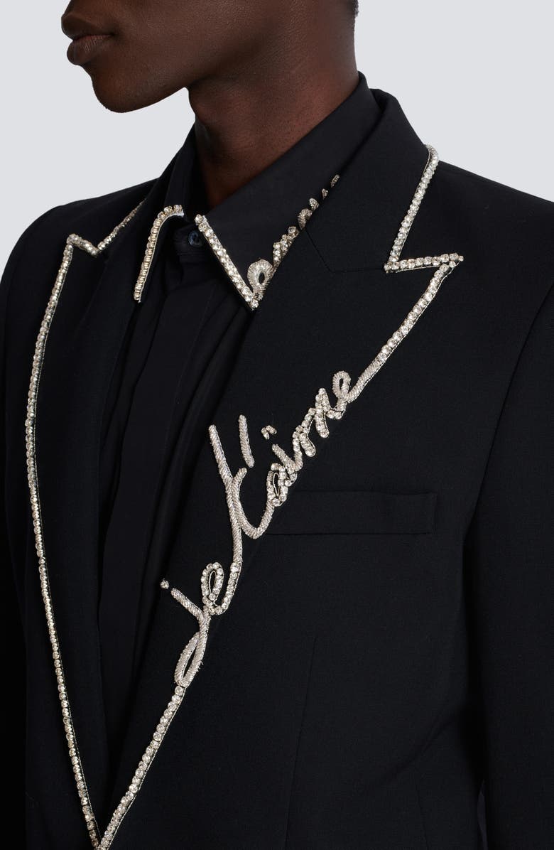 Balmain Love Letter Crystal Piping Wool Grain de Poudre 1-Button Jacket ...