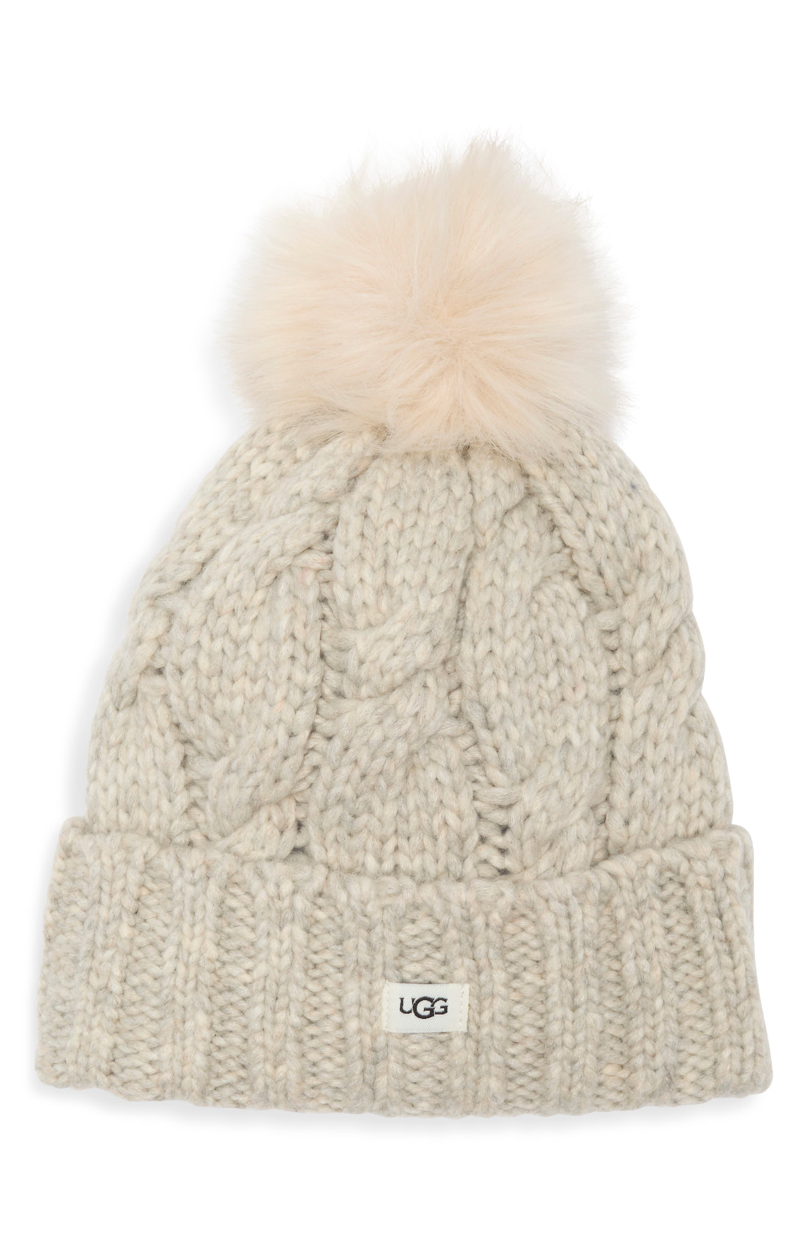 UGG® KidS' Faux Fur Pom Cable Knit Beanie | Nordstromrack