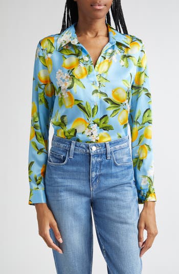 L'AGENCE Tyler Lemon Print Silk Button-Up Shirt | Nordstrom