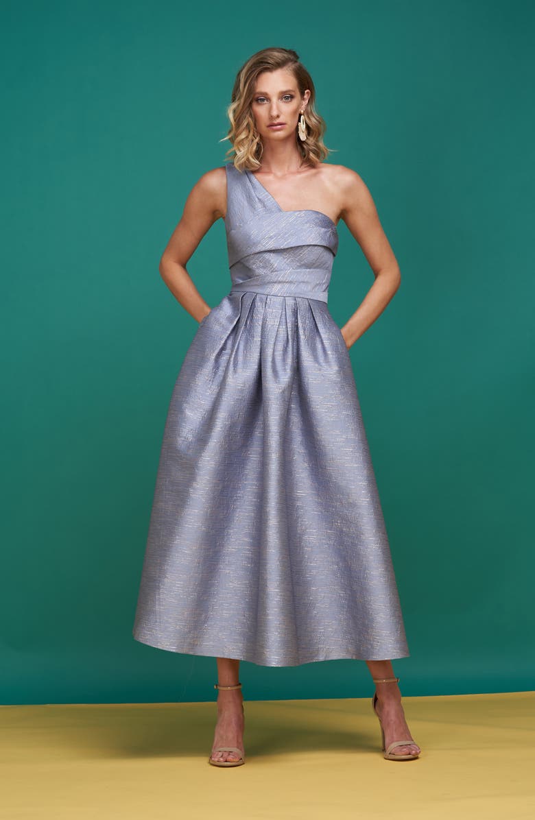 Kay Unger Victoire Metallic Jacquard One-Shoulder Cocktail Dress ...